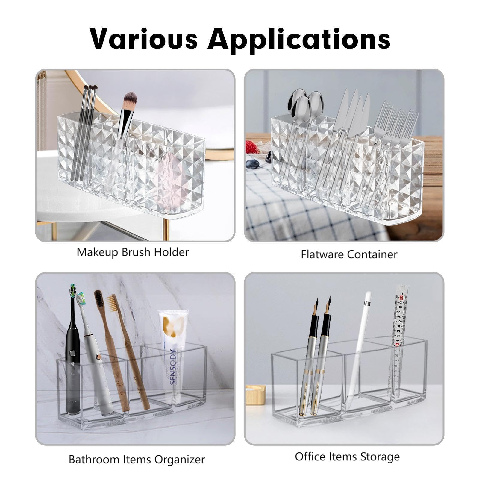 POPGIO 2 Packs Utensil Holder Organizer Countertop Counter Cutlery Flatware Storage Caddy for Kitchen 3 Divided Section 6 Slots Plastic Clear