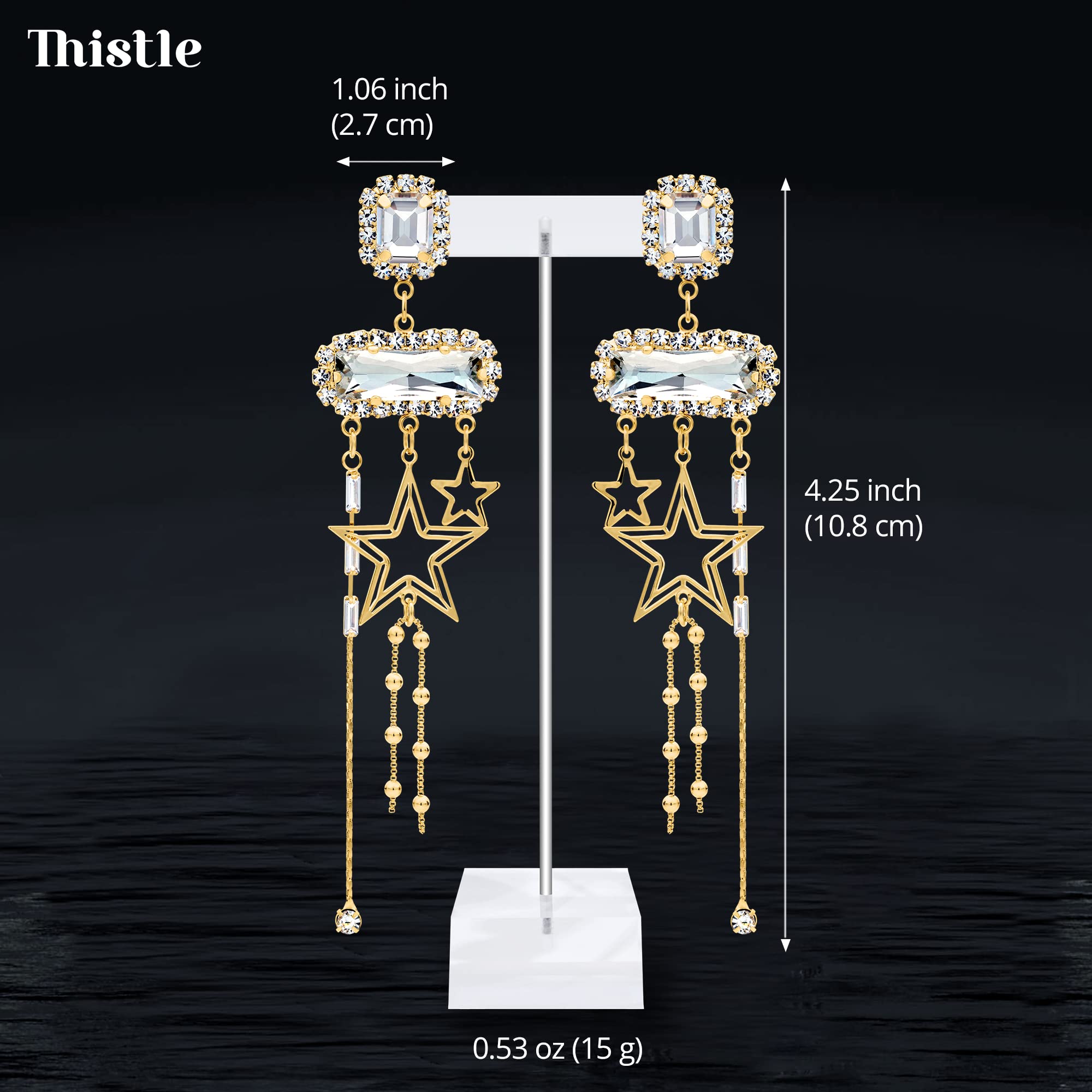 Shooting Star Celestial Chandelier Rectangle Crystal Gold Long Drop Dangle Halloween Kitsch Earrings Prom Christmas Birthday Wedding Valentines