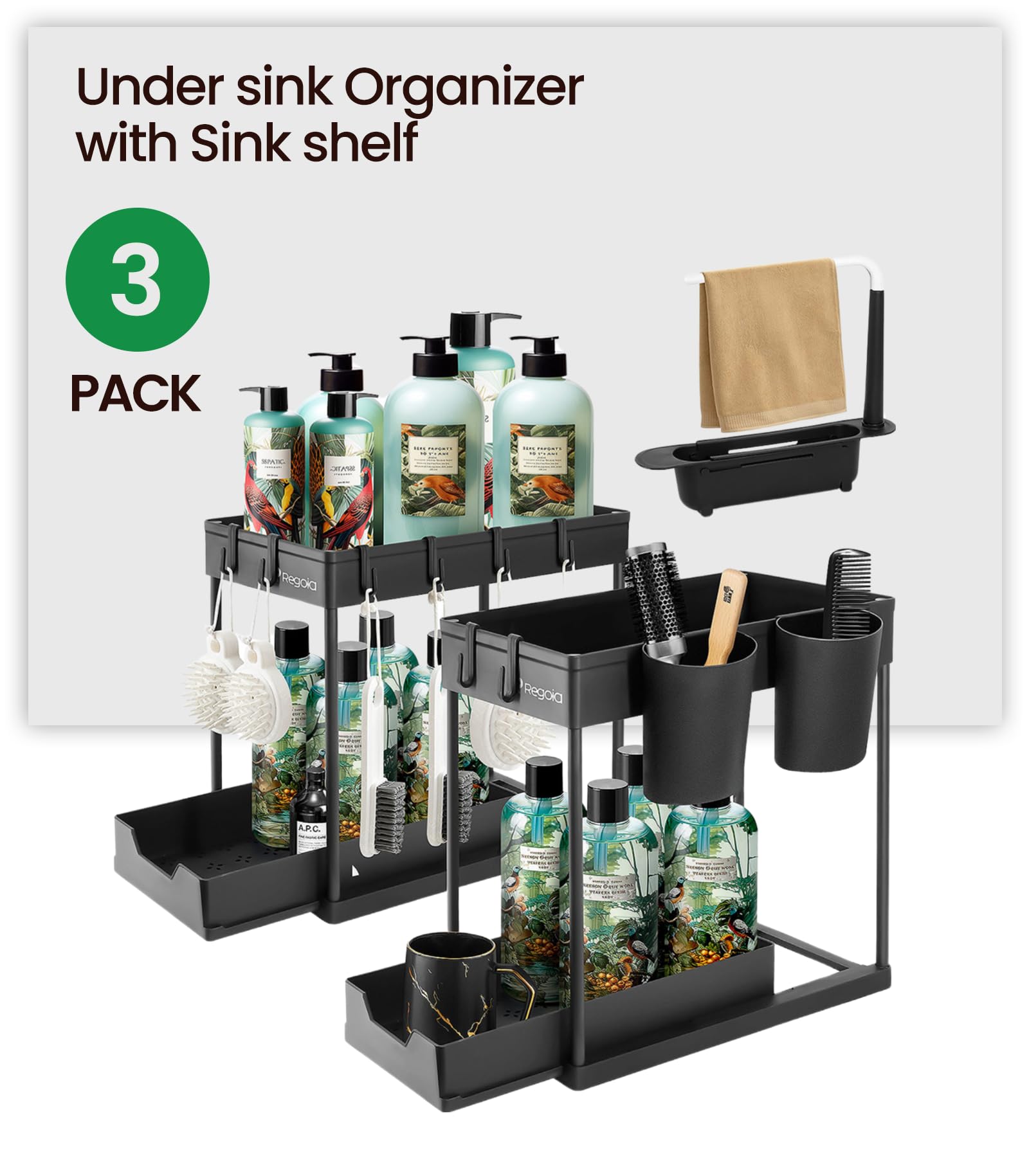 Regoia Under Sink Organizer and Storage 2 Pack with 1 Sponge Holder for Kitchen Sink, 2-Tier Sliding Bathroom Organizers and Storage, Kitchen Countertop Organization with Hooks and Hanging Cup, Black