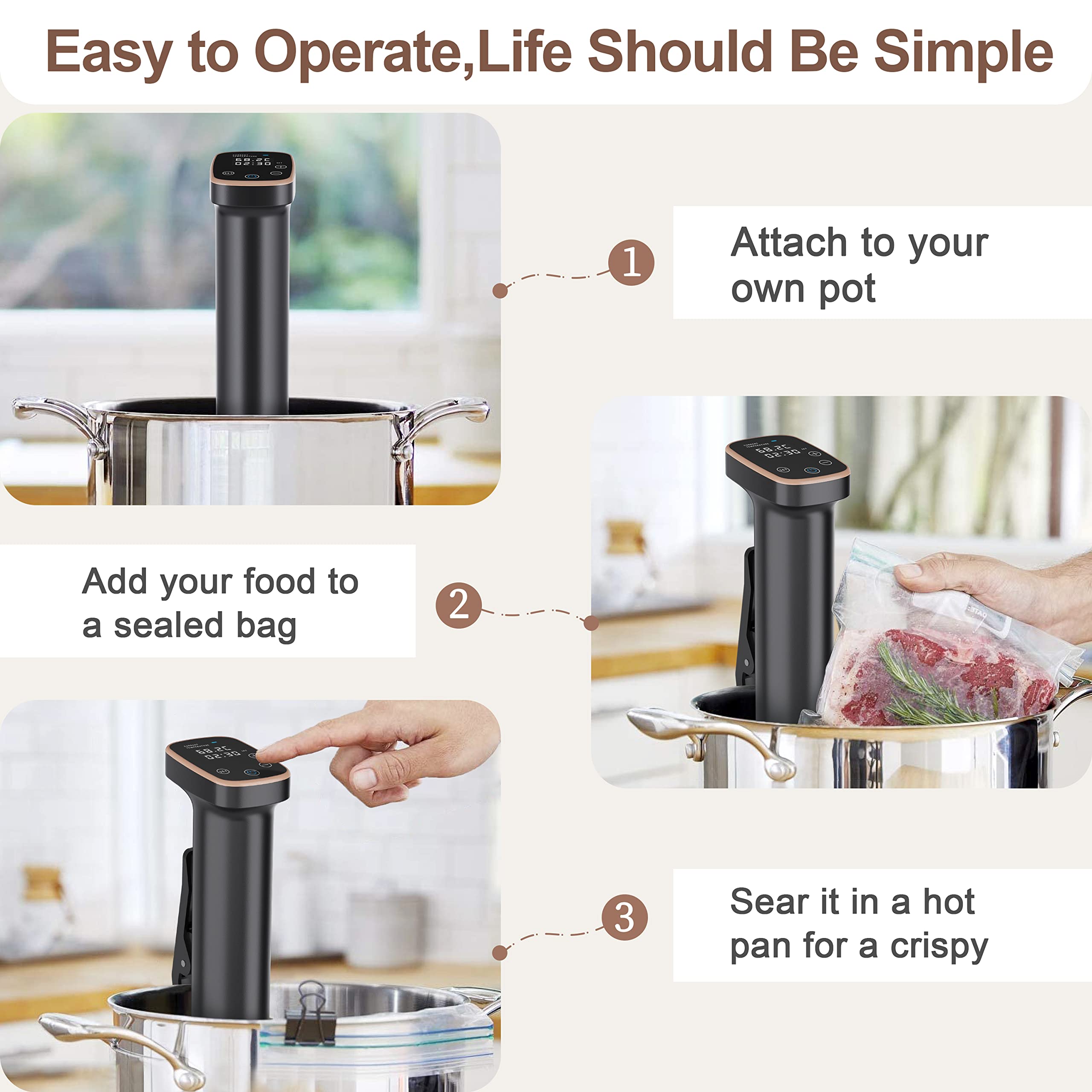 Sous Vide Cooker, 1100W Sous Vide Machine, Ultra-quiet Fast-Heating Immersion Circulator Precise Cooker with Big Touchscreen Accurate Temperature and Time Control, IPX7 Waterproof