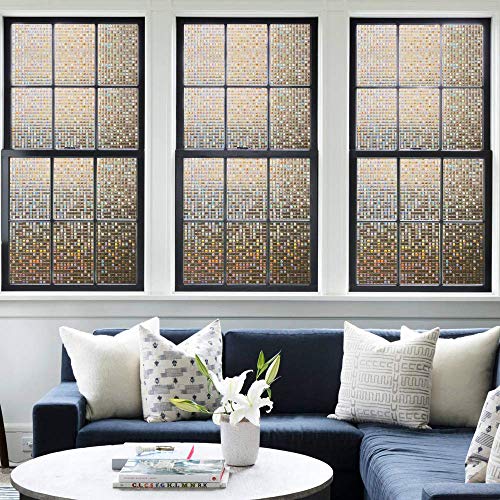 rabbitgoo Window Privacy Film Stained Glass Window Film Mosaic Static Cling Decorative Window Vinyl, Removable Rainbow Window Tint, Non-Adhesive UV Blocking for Home Office, Brown, 35.4 x 78.7 inches