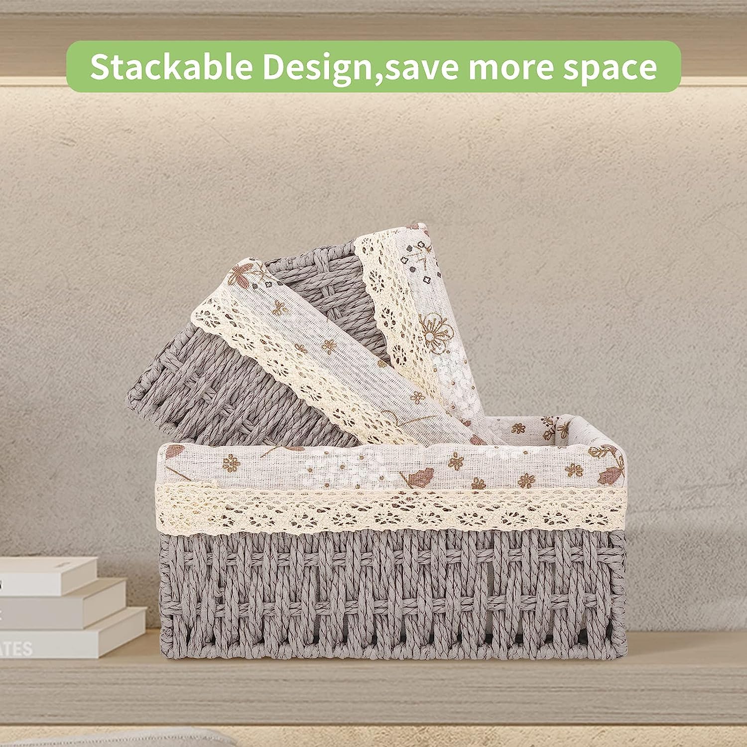Recycled Wicker Storage Basket, Small Wicker Baskets, Handwoven Baskets for Storage, Paper Rope Storage Baskets for Organizing Container Bins for Shelves Cupboards Drawer, Small Woven Basket Set of 3
