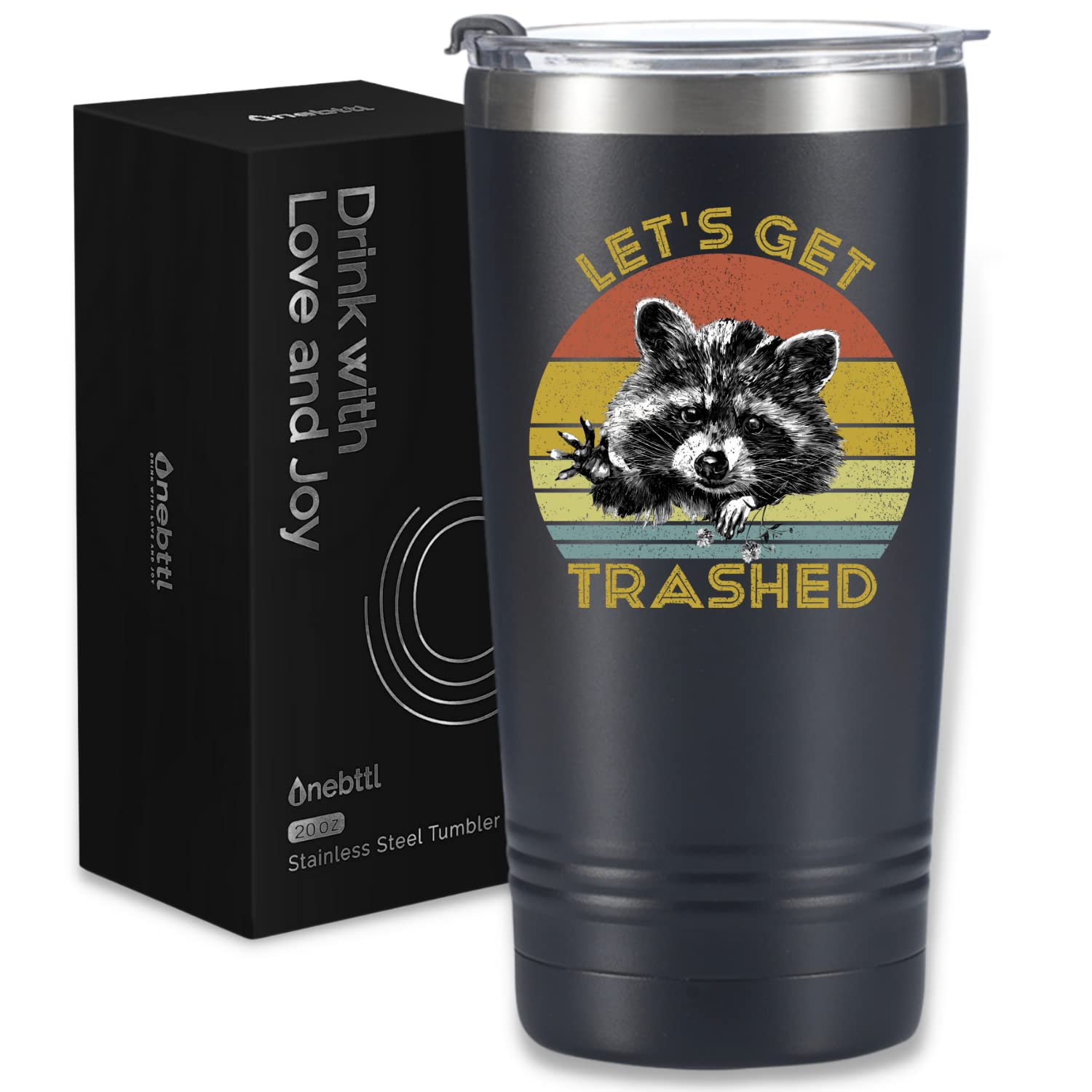 Raccoon Gifts for Men and Women, Insulated 20 oz Stainless Steel Travel Tumbler with Straw, Brush, Lid, and Gifts Box, LET'S GET TRASHED