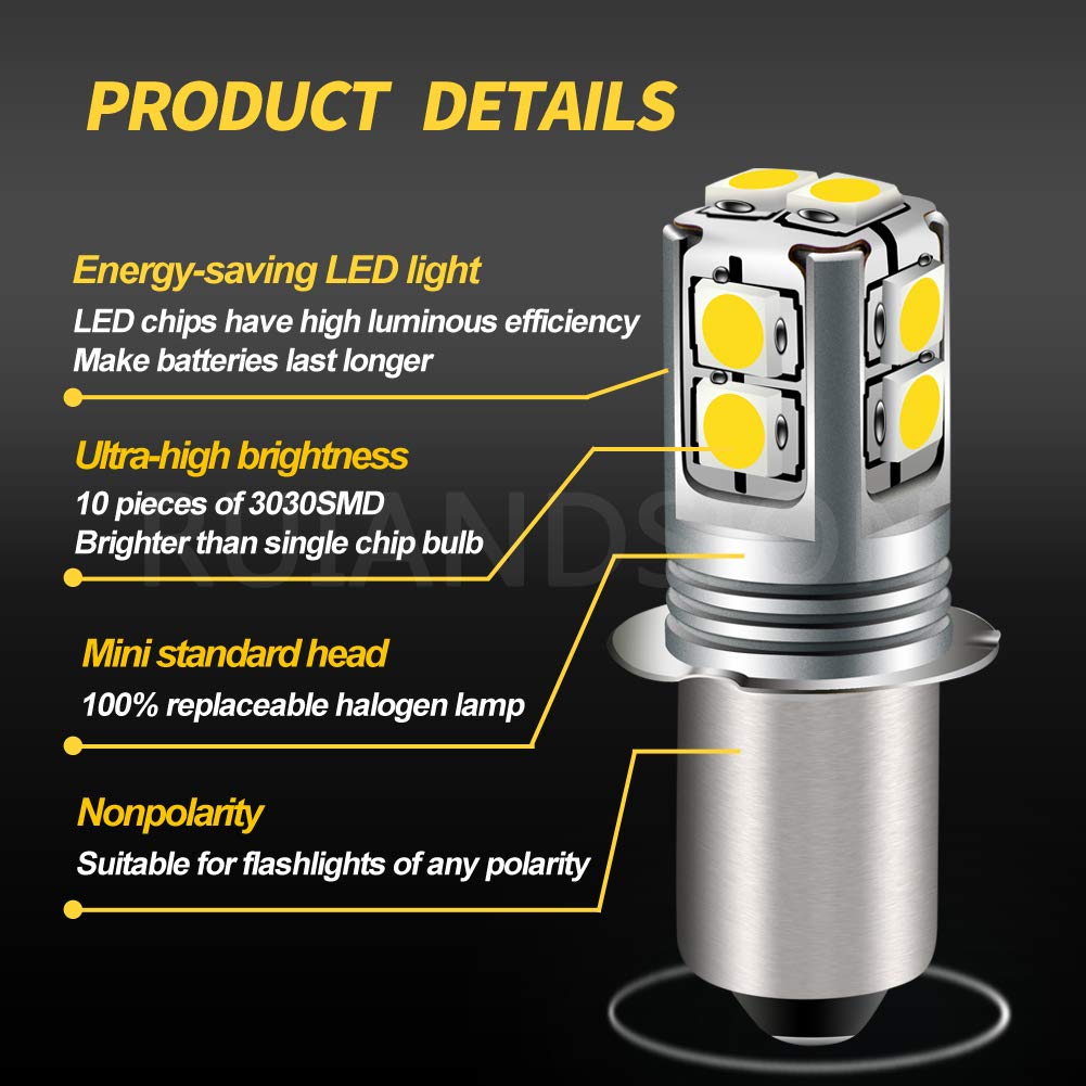 Ruiandsion Upgrade LED Flashlight Bulb 6-40 Volt P13.5S Base LED Bulb White 6V 9V 12V 18V 19.2V 24V Replacement for Flashlight Torch Lantern Work Lights,Non-Polarity