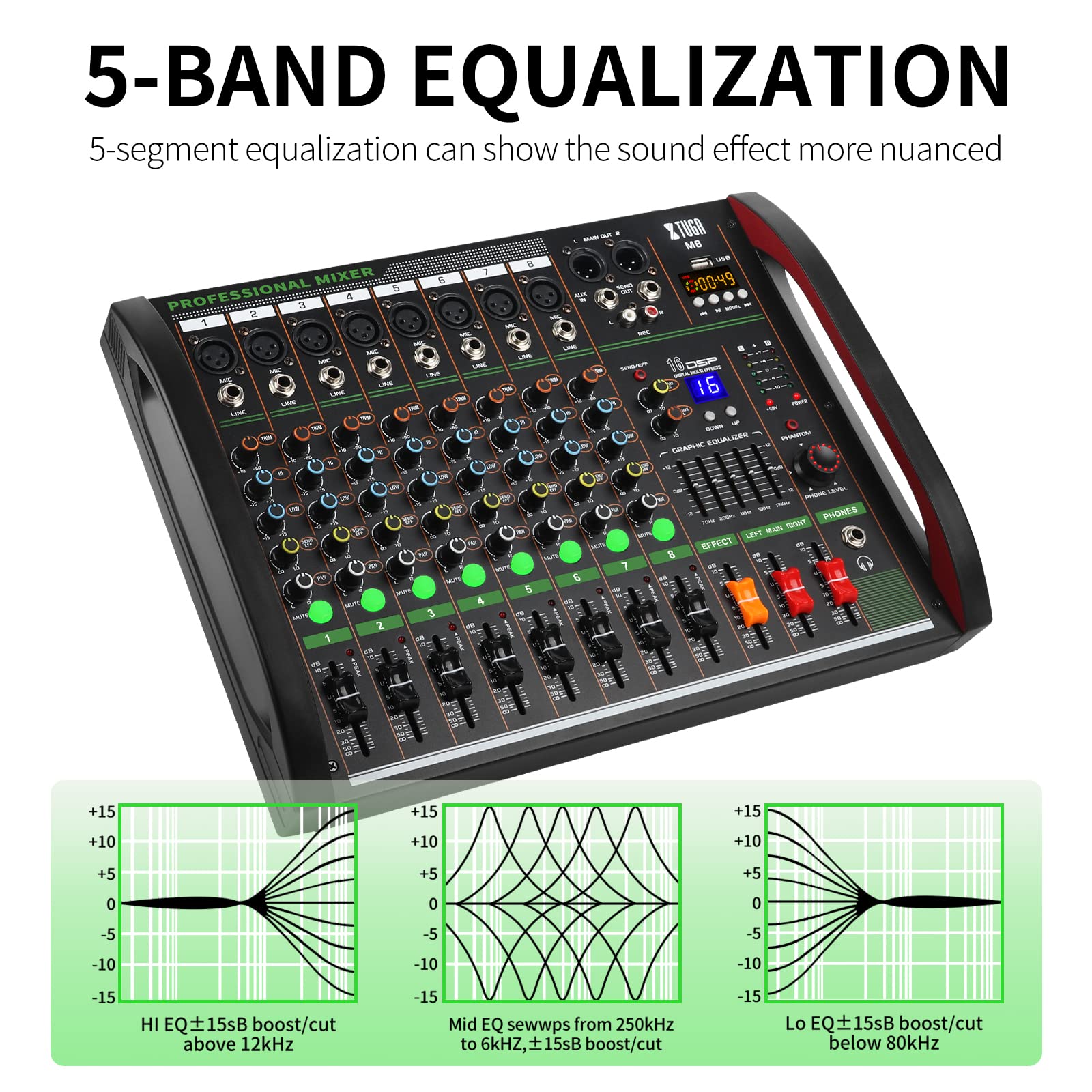 XTUGA M8 Professional 8 Channel Audio mixer Console with 16DSP,MP3 Player,+48V Phantom Power,USB,Bluetooth,Reverb,5 Band EQ for stage for Studio/DJ Stage/Party