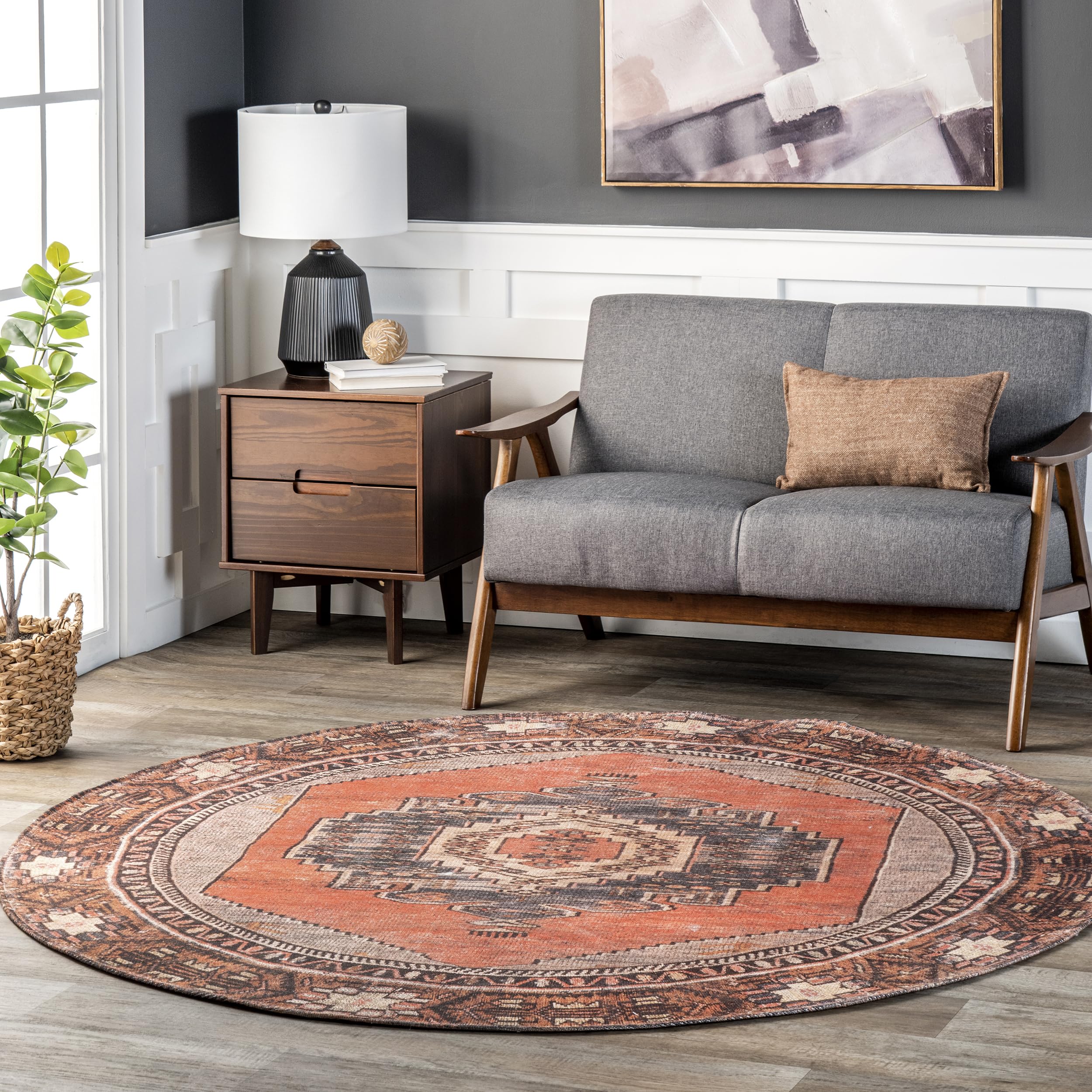 nuLOOM Kamila Tribal Machine Washable Area Rug, 6' Round, Orange