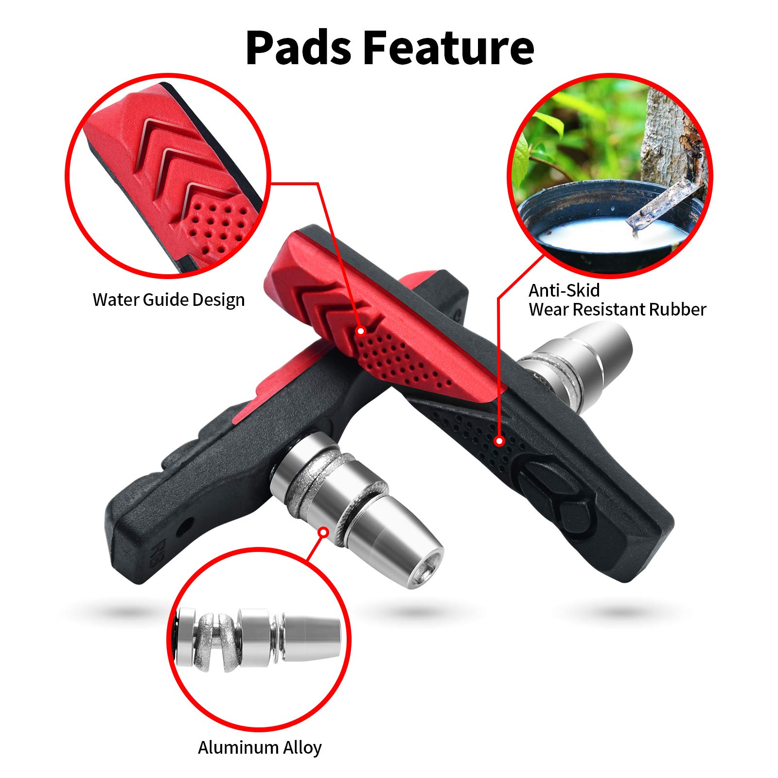 RUJOI 4 Pairs Bike Brake Pads Set,72mm V Brake Shoes with Hex Nuts and Washers, brakes V-Brake Replacement Set for Cruiser MTB Mountain Bicycle