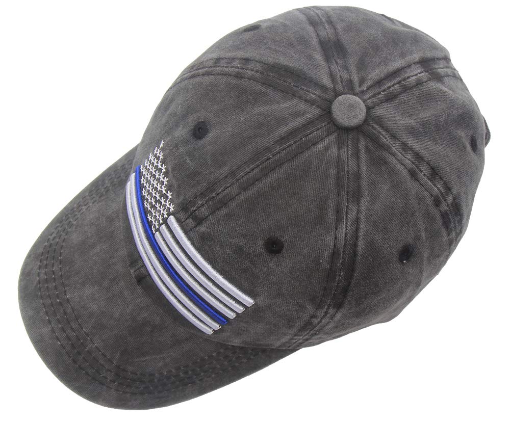 OASCUVER Men's Embroidered Thin Blue Line American Flag Hat Cotton Adjustable Baseball Cap Dad Hat (Thin Blue Line Embroidered Black, one Size)