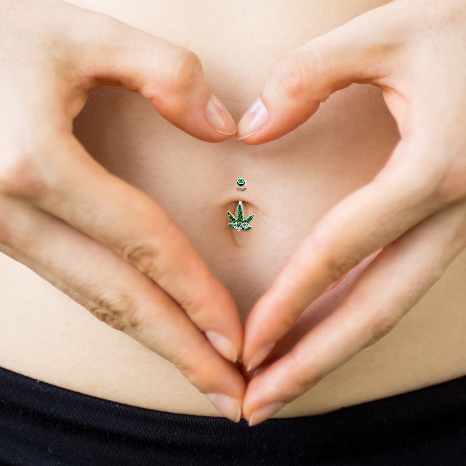 Pierce2GO 14G Belly Button Rings Surgical Steel Weed Marijuana 4/20 Belly Button Ring with CZ Stone - Belly Piercing for Women β 7/16β