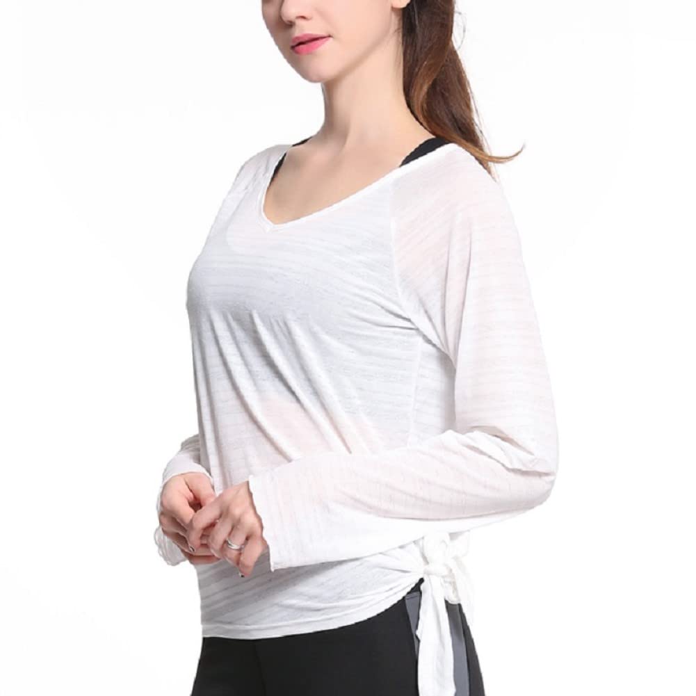 Women Long Sleeve Workout Shirts Loose V-Neck Yoga Tops Quick Dry Breathable Shirts for Women Side Split Design White
