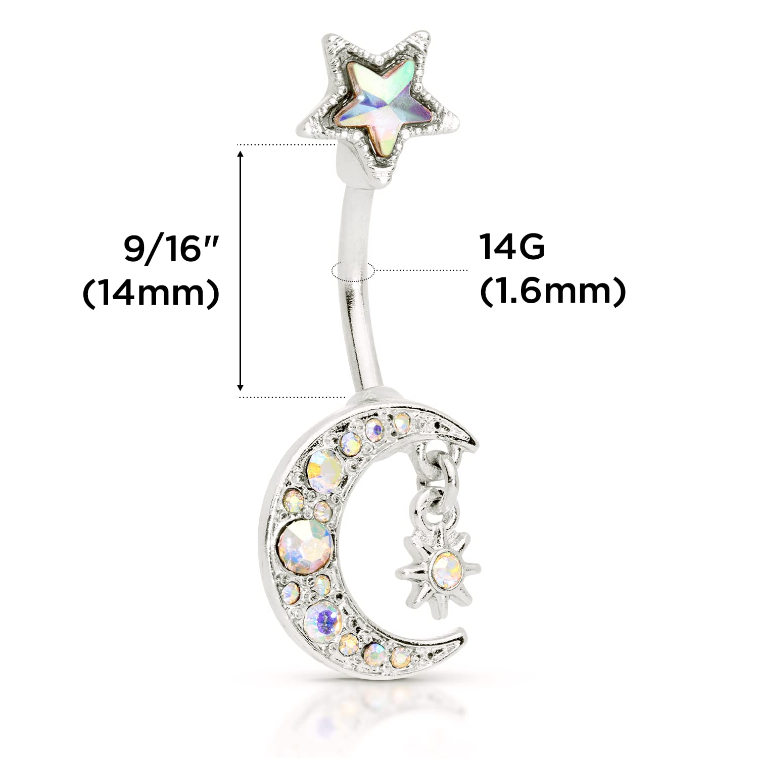 Pierce2GO Crystal Moon Belly Button Ring - 14G Surgical Steel Belly Button Ring Moon Pendant with Hanging Star - Belly Button Rings Piercing for Women β 7/16β (Silver)
