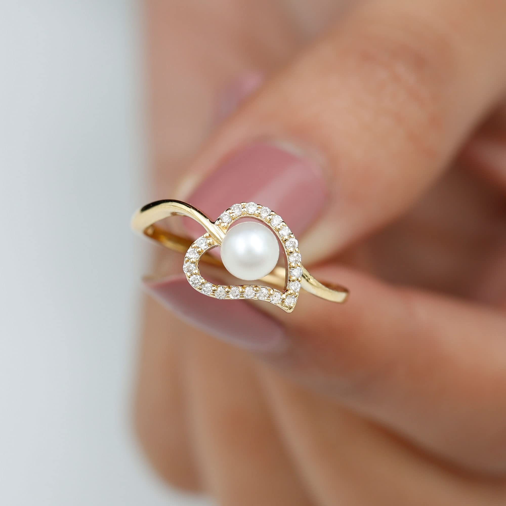 Rosec Jewels Freshwater Pearl Heart Bypass Ring| 5 MM Round| AAA Quality| Promise Ring for Her, 14K Yellow Gold, Size:US 7.50