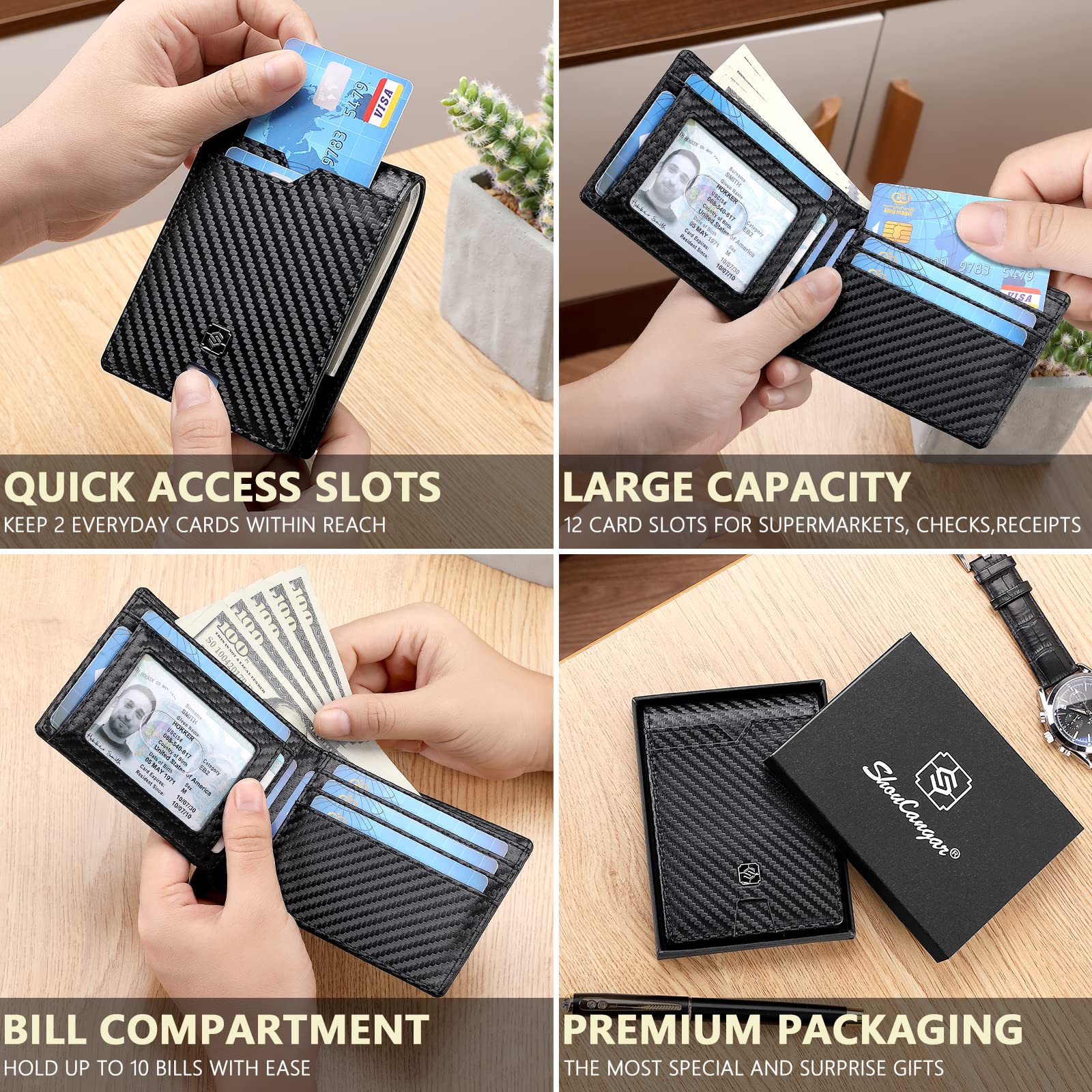 SHOUCANGAR Wallet for Men Slim Minimalist Leather Carbon Fiber Wallet RFID Blocking Credit Card Holder With Gift Box