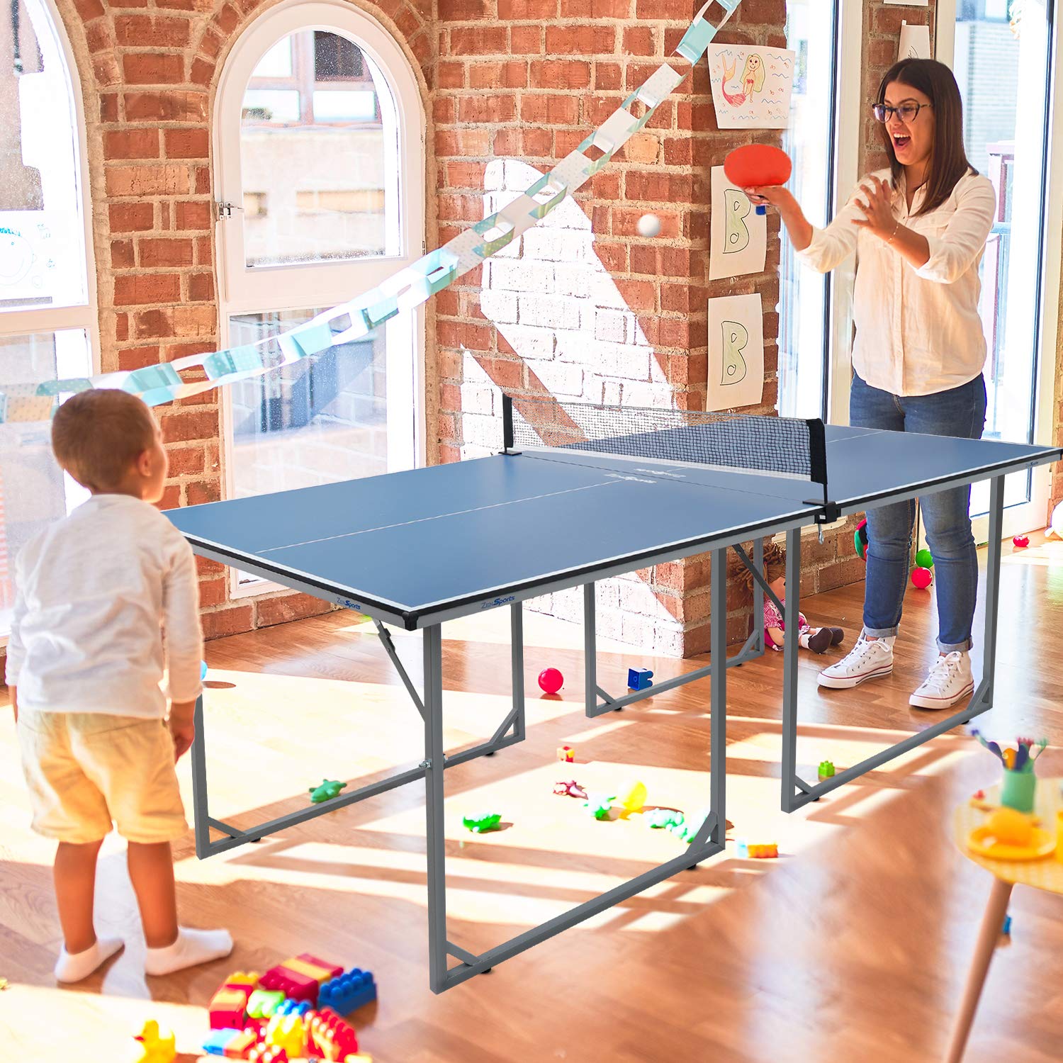 Oteymart Preassembled Table Tennis Table 6'x3' Folding Table Indoor Outdoor Mid-Size Regulation Portable Ping Pong Table w/Net for Home