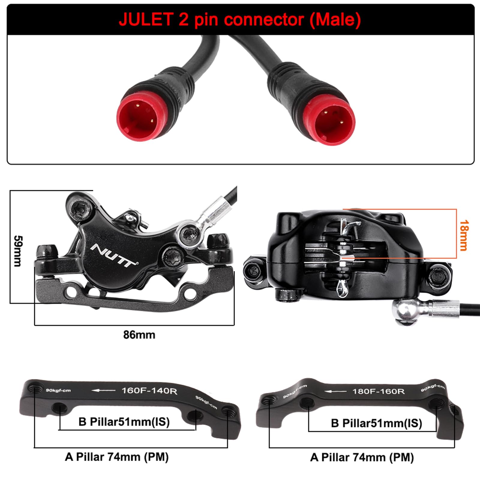 RUIZD EBike Hydraulic Brakes 2-Pistons Power-Off Hydraulic Disc Brake Caliper Lever with 2Pcs 160mm Rotor for Ebike(Included Mounting Adapter)…