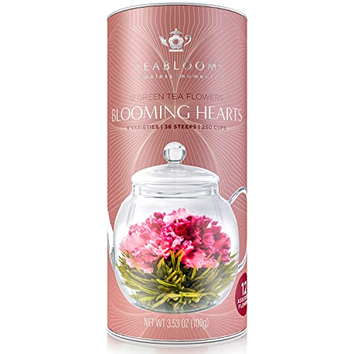 Teabloom Heart-Shaped Flowering Teas β 12 Assorted Blooming Tea Flowers β Green Tea + Jasmine, Pomegranate, Strawberry, Rose, Litchi & Peach