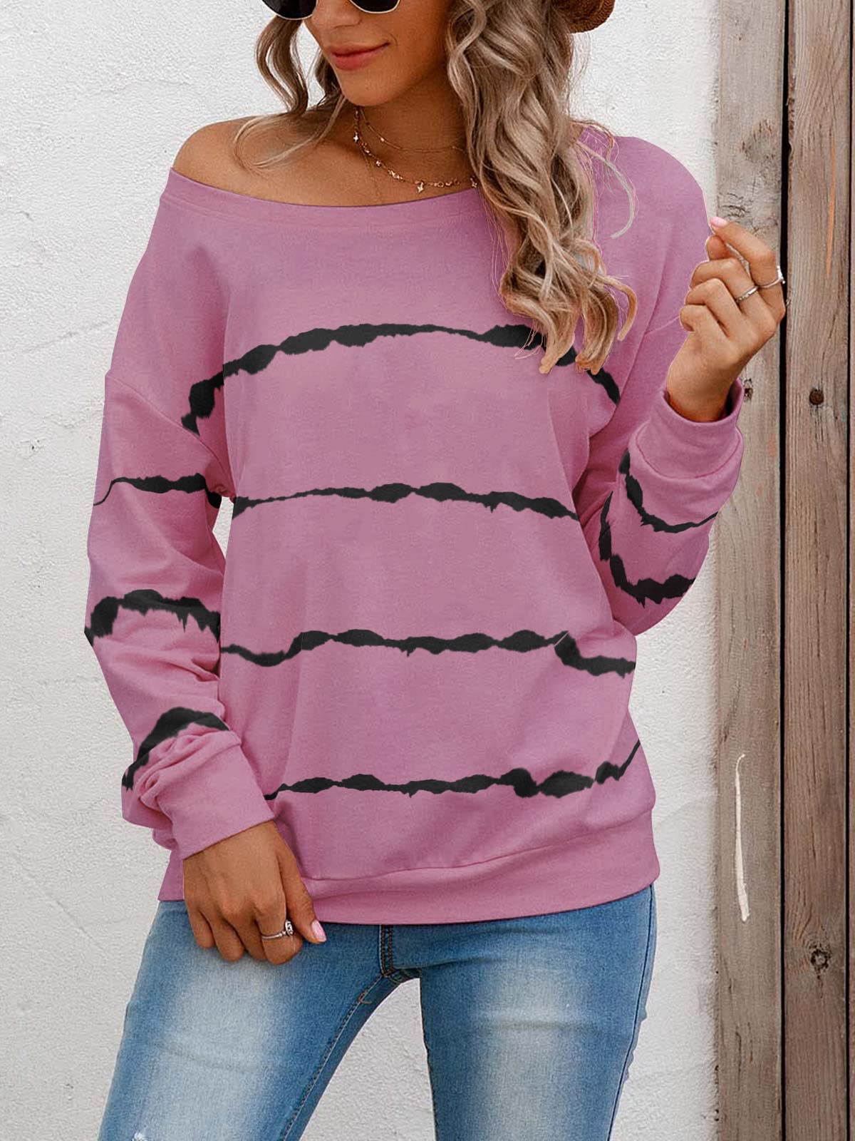 SENFURE Women Long Sleeve Sweatshirt Basic Color Block Fall Sweater Casual Loose Side Split Sweatshirt, Pink, Medium