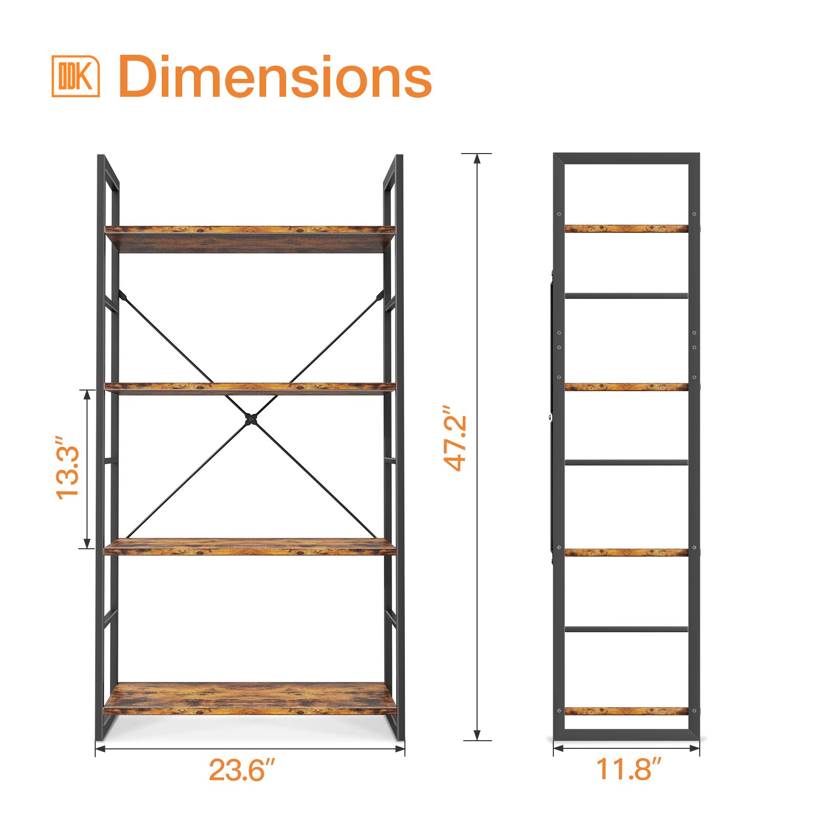ODK Bookshelf, 4 Tier Shelf Storage Organizer, Modern Book Shelf with Metal Frame for Bedroom, Living Room and Home Office, Rustic Brown