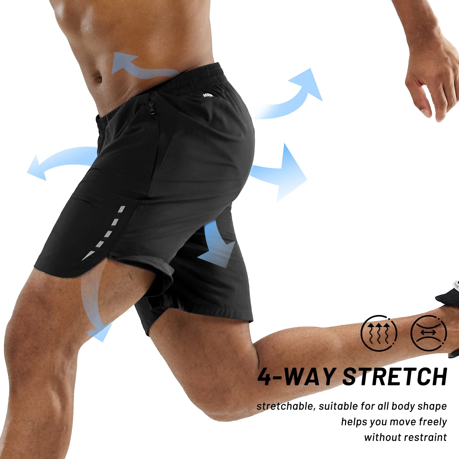 MIER Men's Lightweight Running Shorts Quick Dry Gym Sports Shorts with Zipper Pockets,Black,M