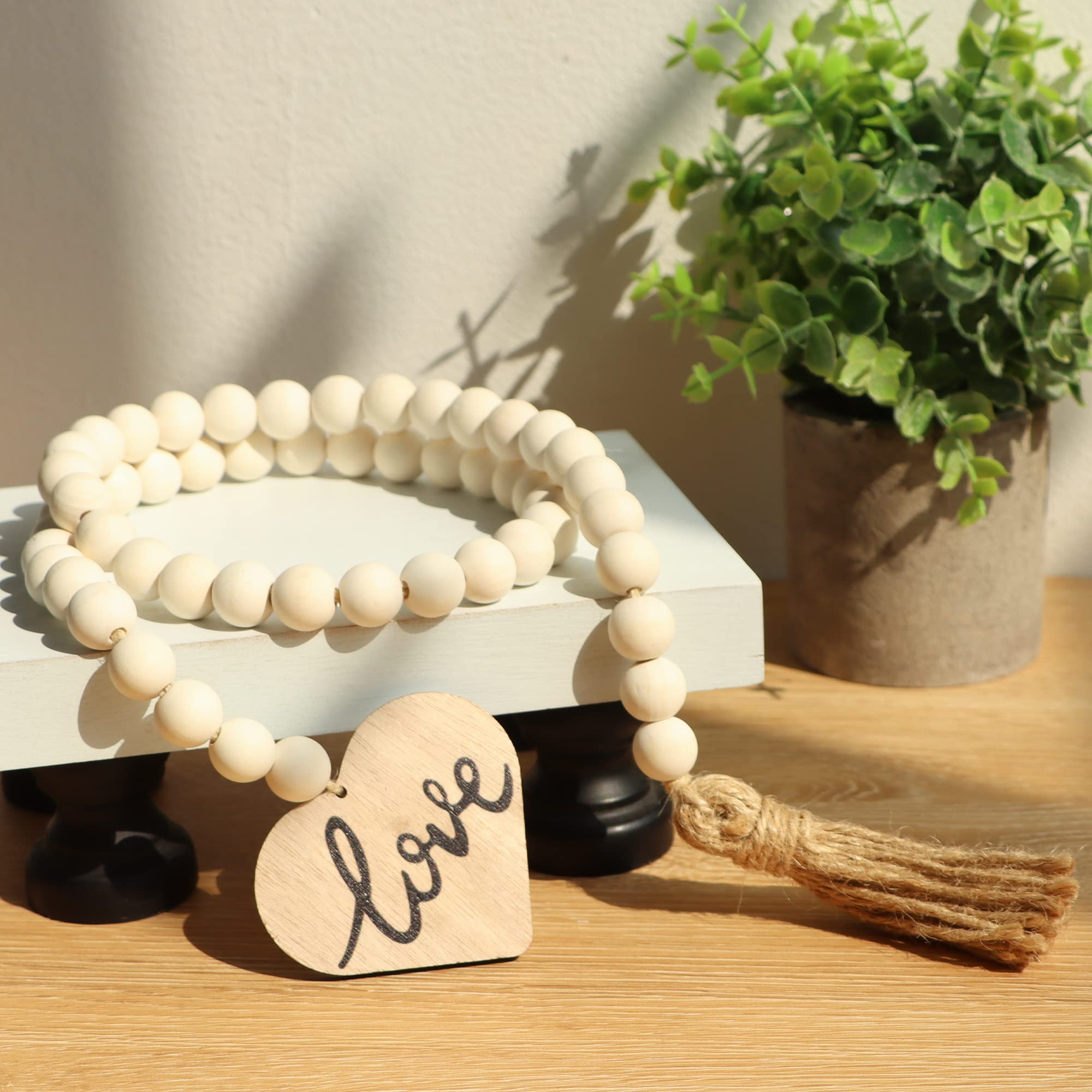 Meplait Love Wooden Bead Garland with Tassel,Decorative Beads Home Decor Farmhouse Tassel Garland Boho Decor for Tiered Tray(38in)