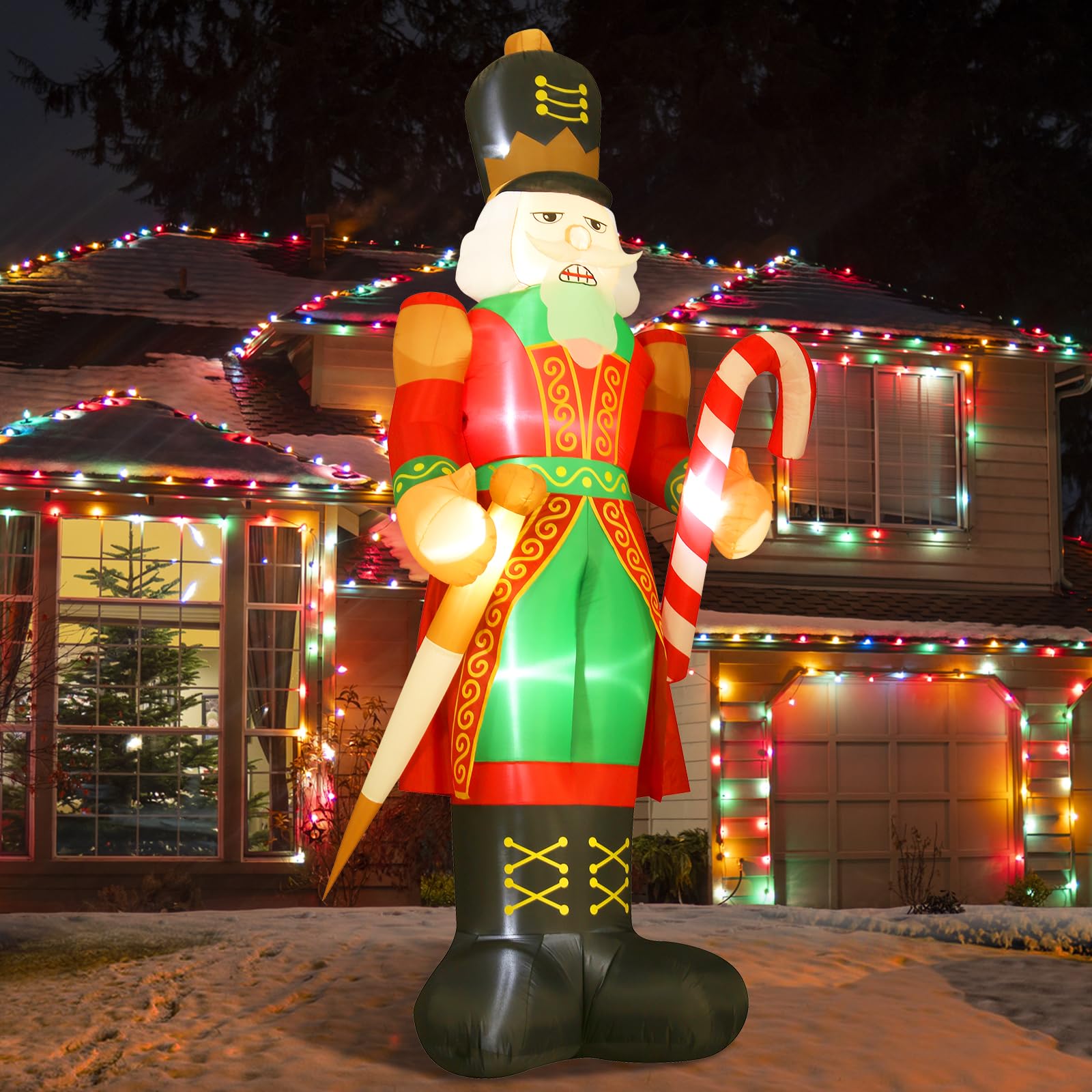 Loninak 12ft Christmas Inflatable Outdoor Decorations Nutcracker with Candy Cane, LED Lighted Blow Up Christmas Decorations for Holiday Party Yard Garden Lawn Home
