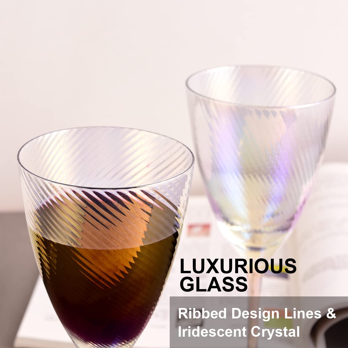 Red Wine Glasses Set of 4-Hand Blown Burgundy Glasses-15 OZ Ribbed Design Iridescent Drinkware for Valentine's Day, Anniversary, Birthday or Daily Use