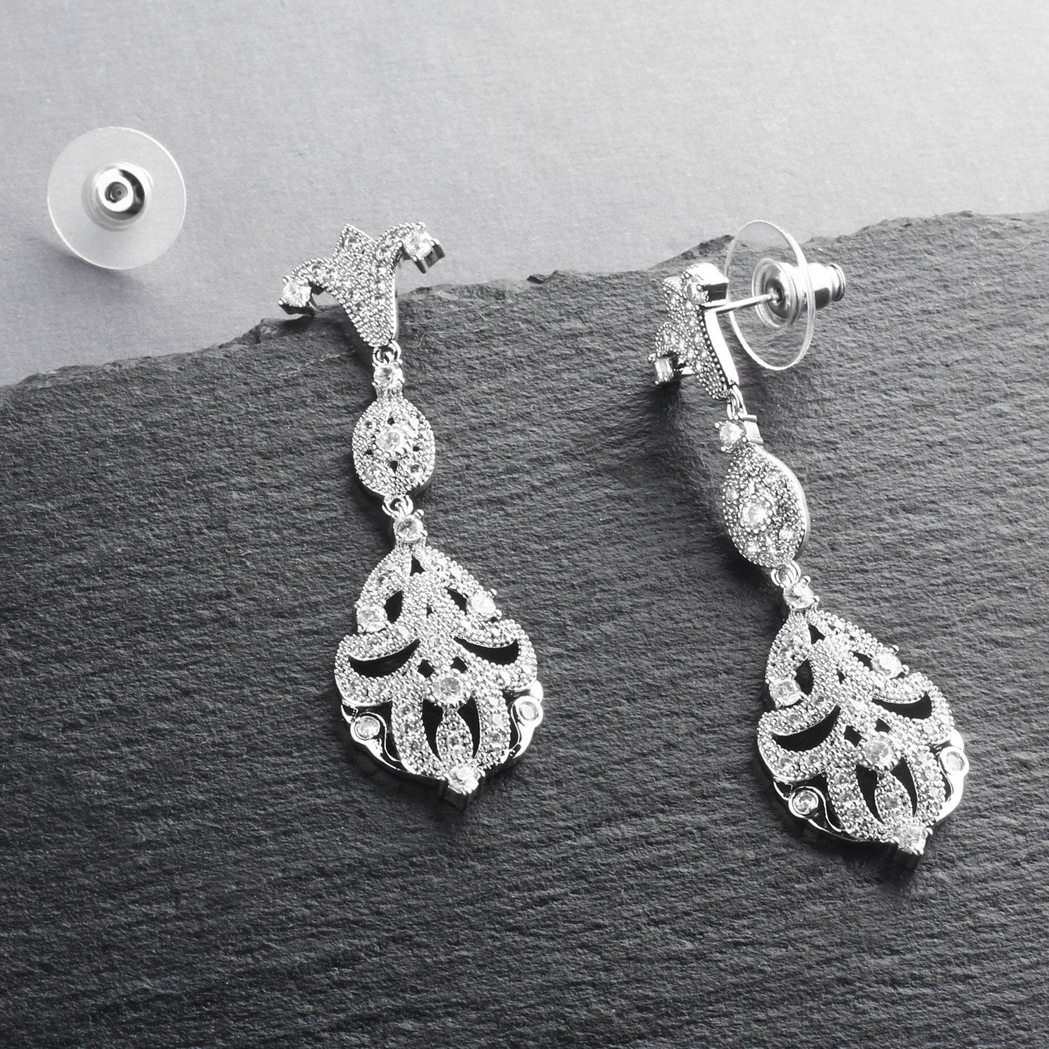 Mariell 1920's CZ Dangle Vintage Wedding Earrings for Brides - Genuine Platinum Plated Antique Jewelry