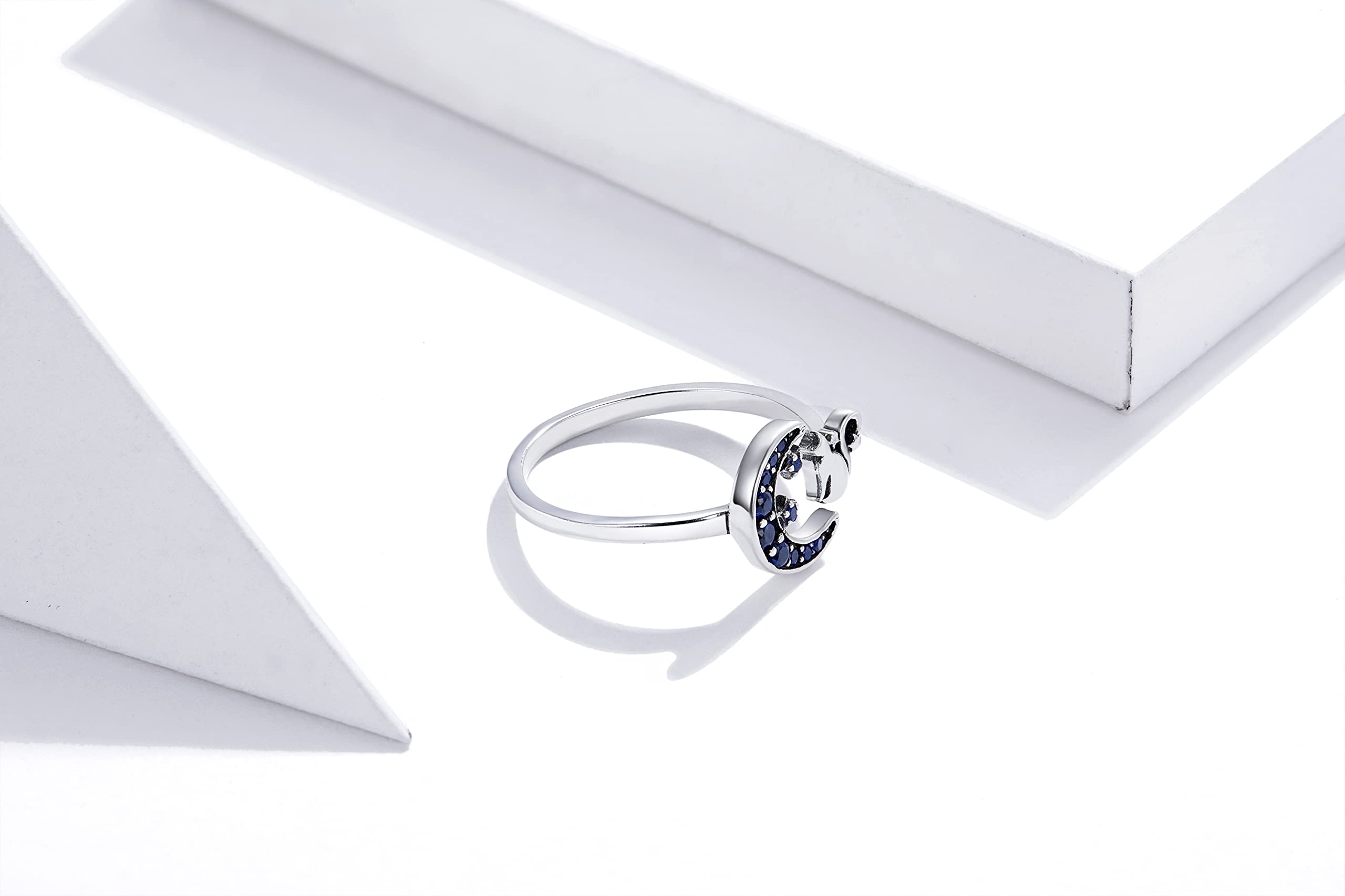 RUKYF 925 Sterling Silver Cubic Zirconia Cat Star Moon Butterfly Ring Cute Rings Adjustable Dainty Rings for Women Cat Gifts for Cat Lovers