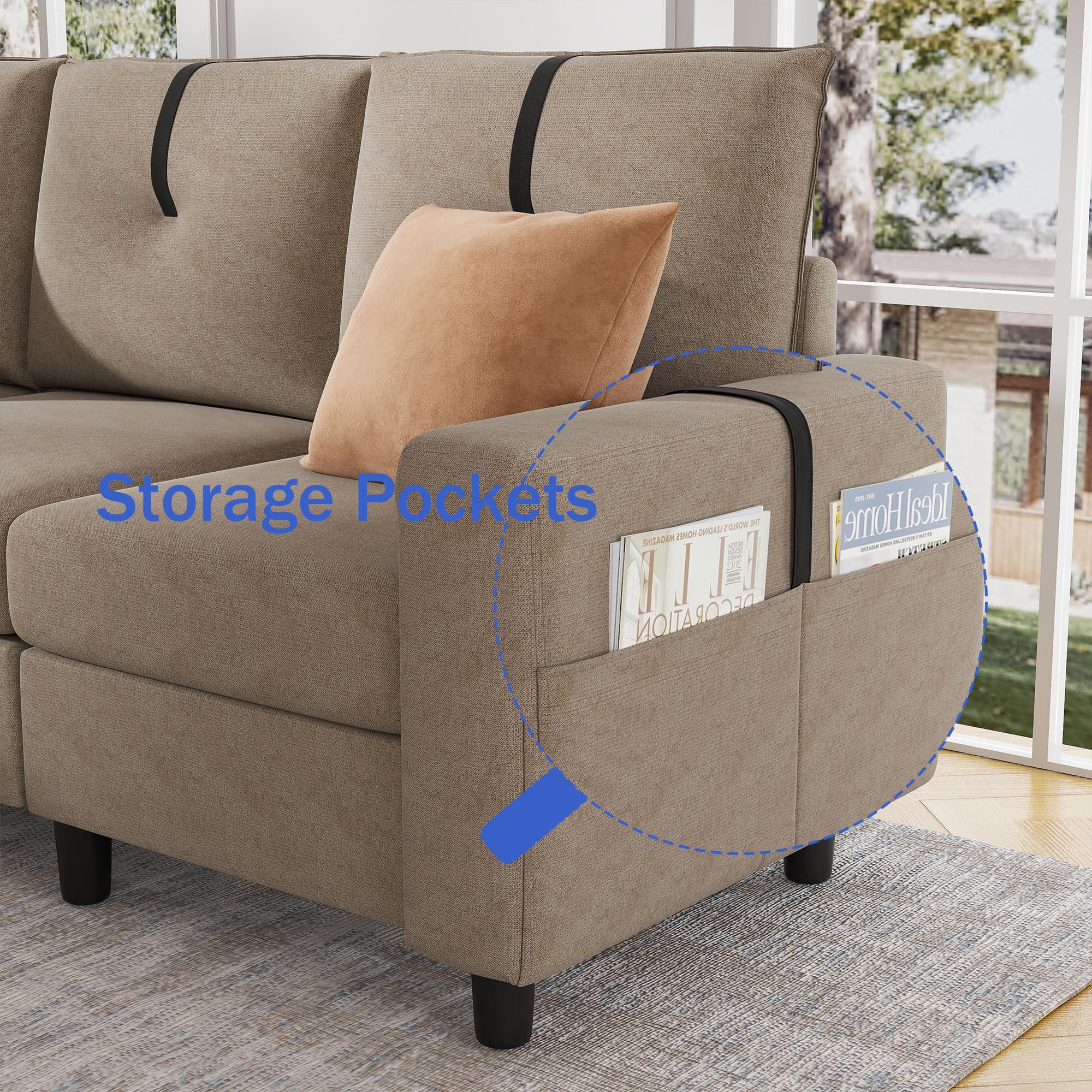 Pingliang Home 80" Sectional Sofas for Living Room, 3 Seat L Shaped Couch with Reversible Ottoman, Modern Linen Fabric Small Sectional Couch for Apartment Small Space, Light Grey