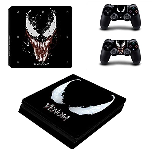 PS4 Slim Skin Sticker for Console and 2 DualShock Controllers Full Wrap Vinyl Decal Protective Cover Faceplate for Venom Compatible with Sony PS4 Slim, Black