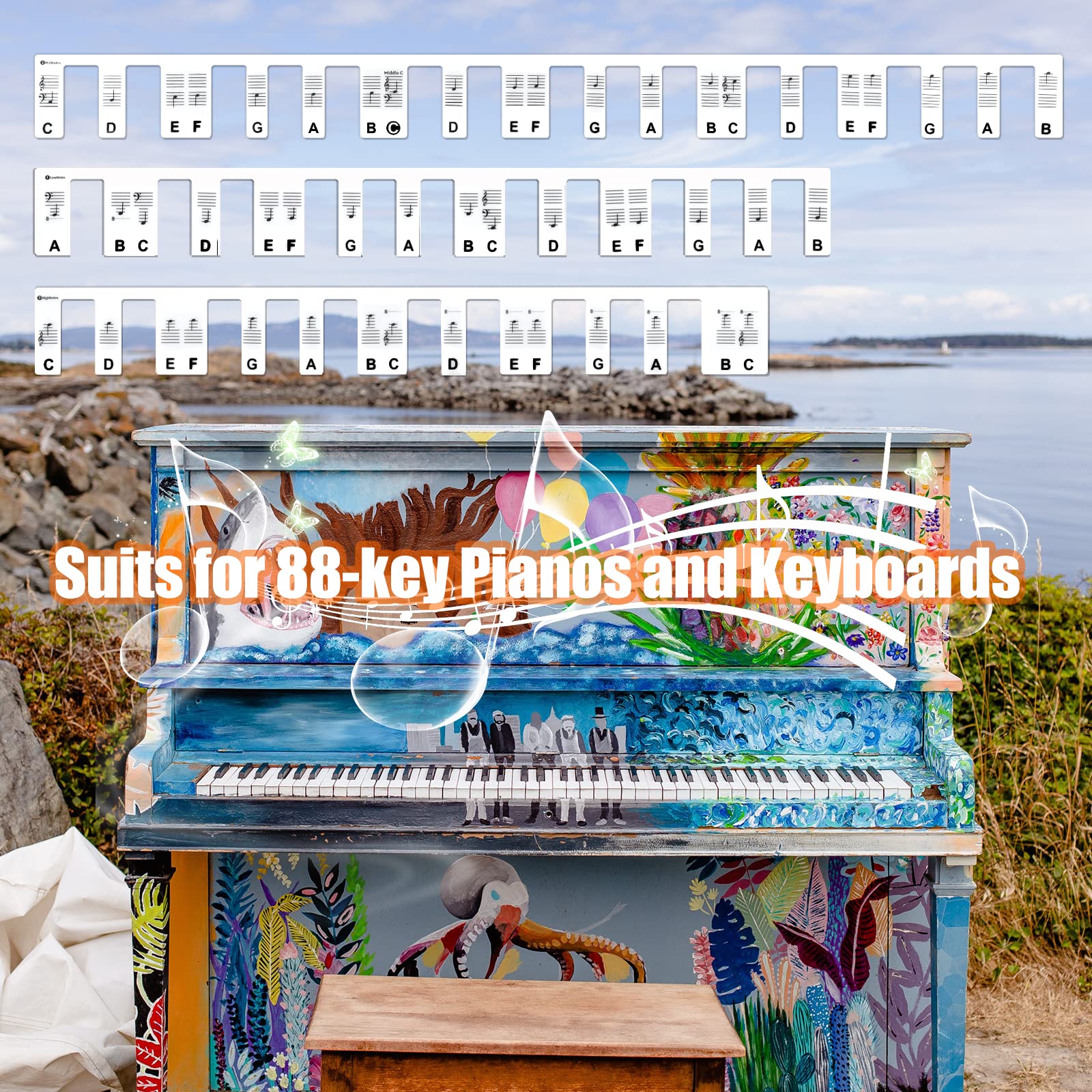 Removable Piano Keyboard Note Labels for Beginner,Piano Keyboard 88 Keys Full Size,Reusable Piano Keyboard Stickers,3 Strips Piano Stickers,Great Tools and Gifts for Piano Teachers,Kids and Beginners