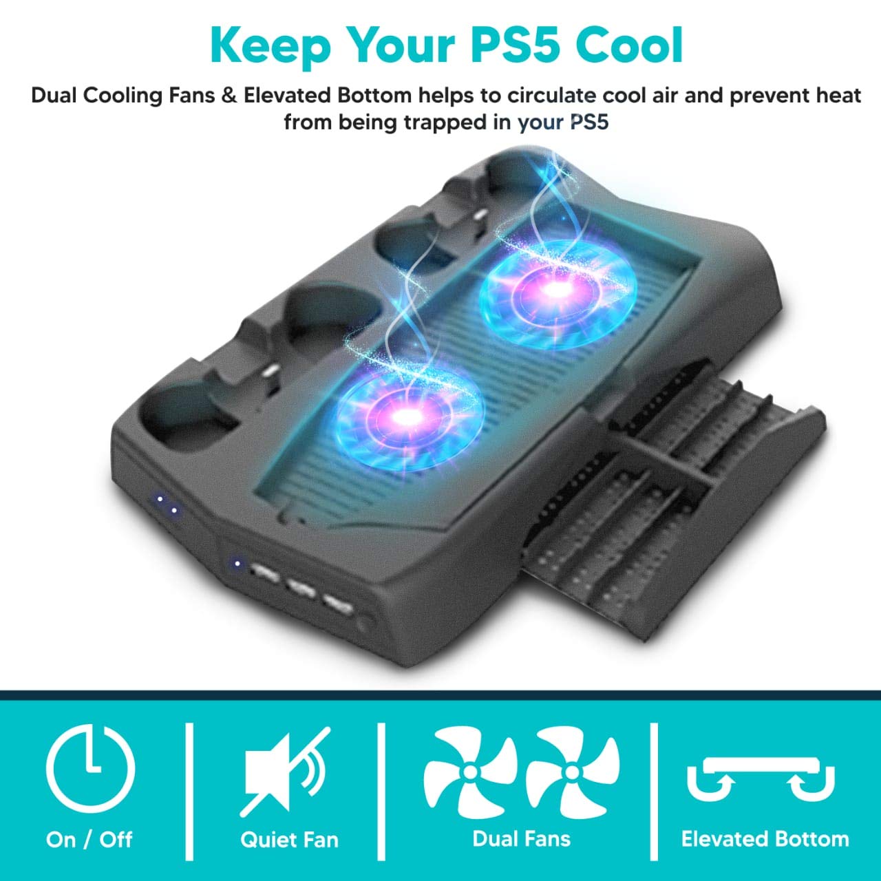 PS5 ALL-IN-ONE Cooling Fan Stand Accessories with Game Storage for SONY PlayStation 5 Standard / Digital Edition Vertical Console, 3 USB Ports, Dual Fast Charger DualSense Controller Station by LIVIOR