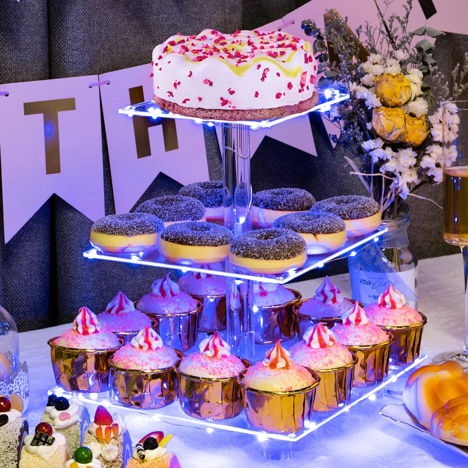 Pastry Stand 3 Tier Acrylic Cupcake Display Stand Light up Cake Stand Cupcake Holder Pastry Serving Platter Candy Bar Party Décor Wedding Birthday Holidays,Christmas(Blue Light)…