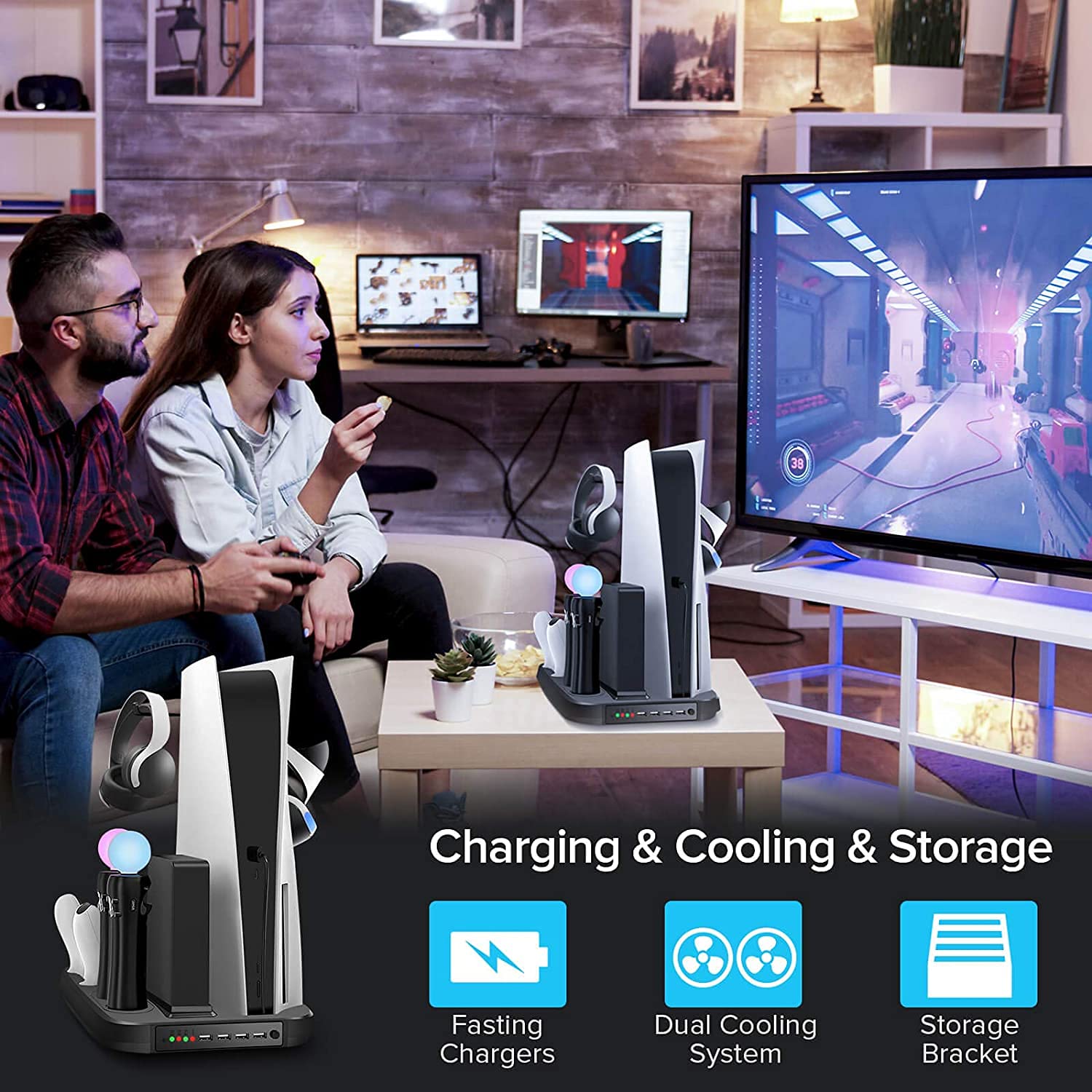 PS5 Charging Stand for Playstation 5/PS5 Ultra HD with Cooling Fan/P-Move Controller Charger/P-VR 1/2 Converter Storage Stand,PS5 Vertical Station Dock with 4 Controller Chargers Game Storage