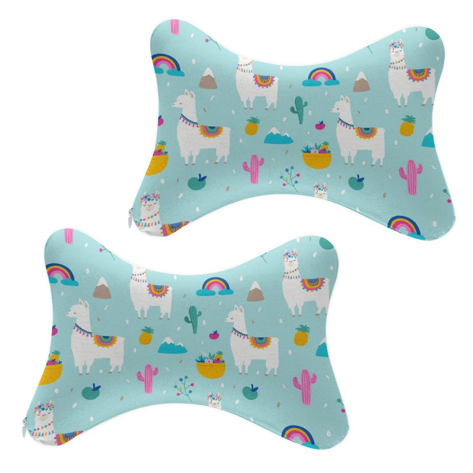 MZERSE Car Neck Pillow 2 Pieces Travel Pillow Compatible with Cute Cactus Blue Sky Rainbow Llama Alpaca for Head Rest Neck Support Head Cushion Support for Car Seat Airplanes Sleeping