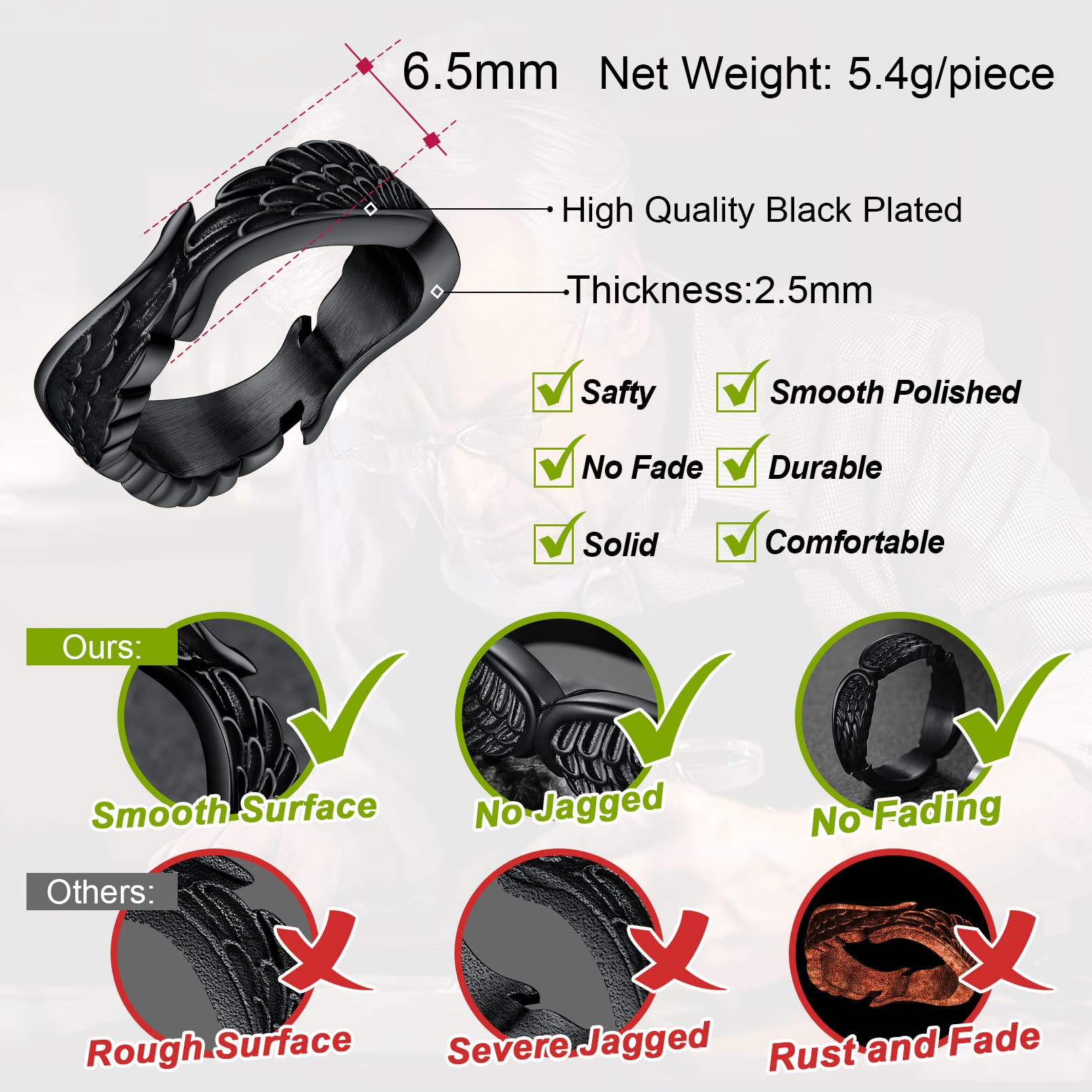 Women Wing Rings Stainless Steel Protective Angel Feather Wings Thumb Ring for Male Dad Birthday Gift