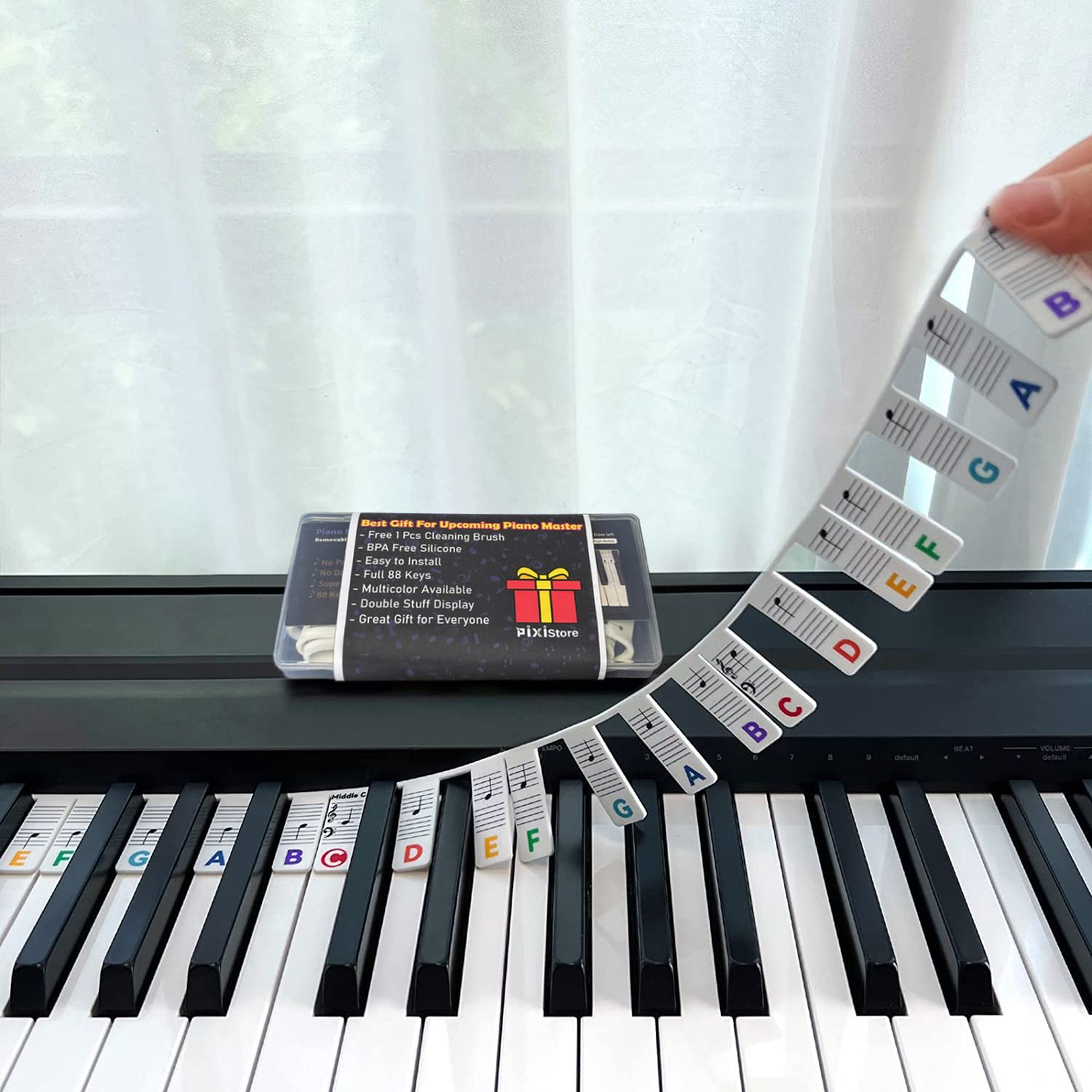 Removable Piano Notes Label for Beginners,Pixi Silicone Piano Notes Labels Guide with Cleaning Brush for Piano Learning Kit, 61/88-Key Full Size Removable Piano Keyboard Note Labels Sticker (Rainbow)