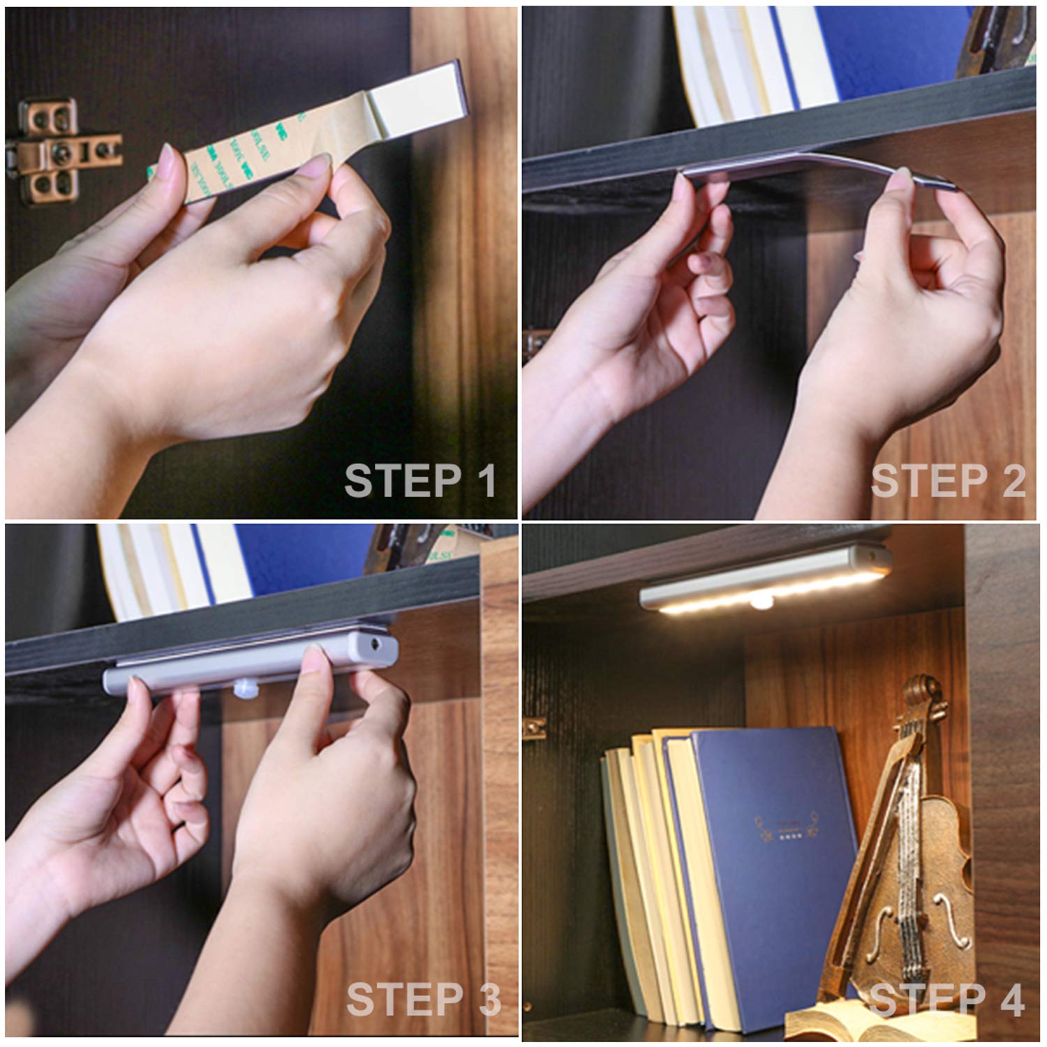 Remote Control Under Cabinet Lights with Remote 6 Pack, 20-LED Dimmable Closet Lighting Battery Operated Under Counter Light, Stick on Touch Night Light Strip for Kitchen Stairway Bedroom, 3 Colors