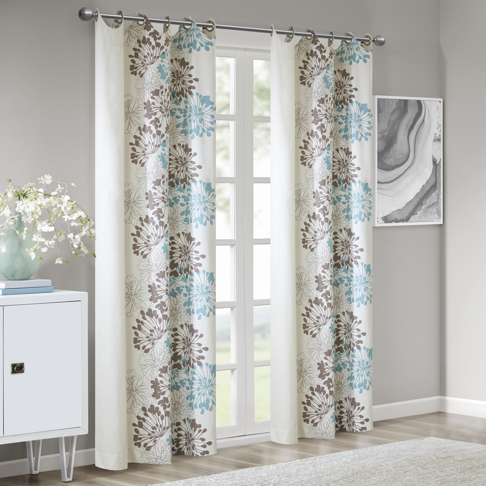 Madison Park Anaya Window Curtain Grommet Tops Thermal Insulated Window Panel for Living Room Bedroom and Dorm Single Panel, 50x84, Blue/Brown