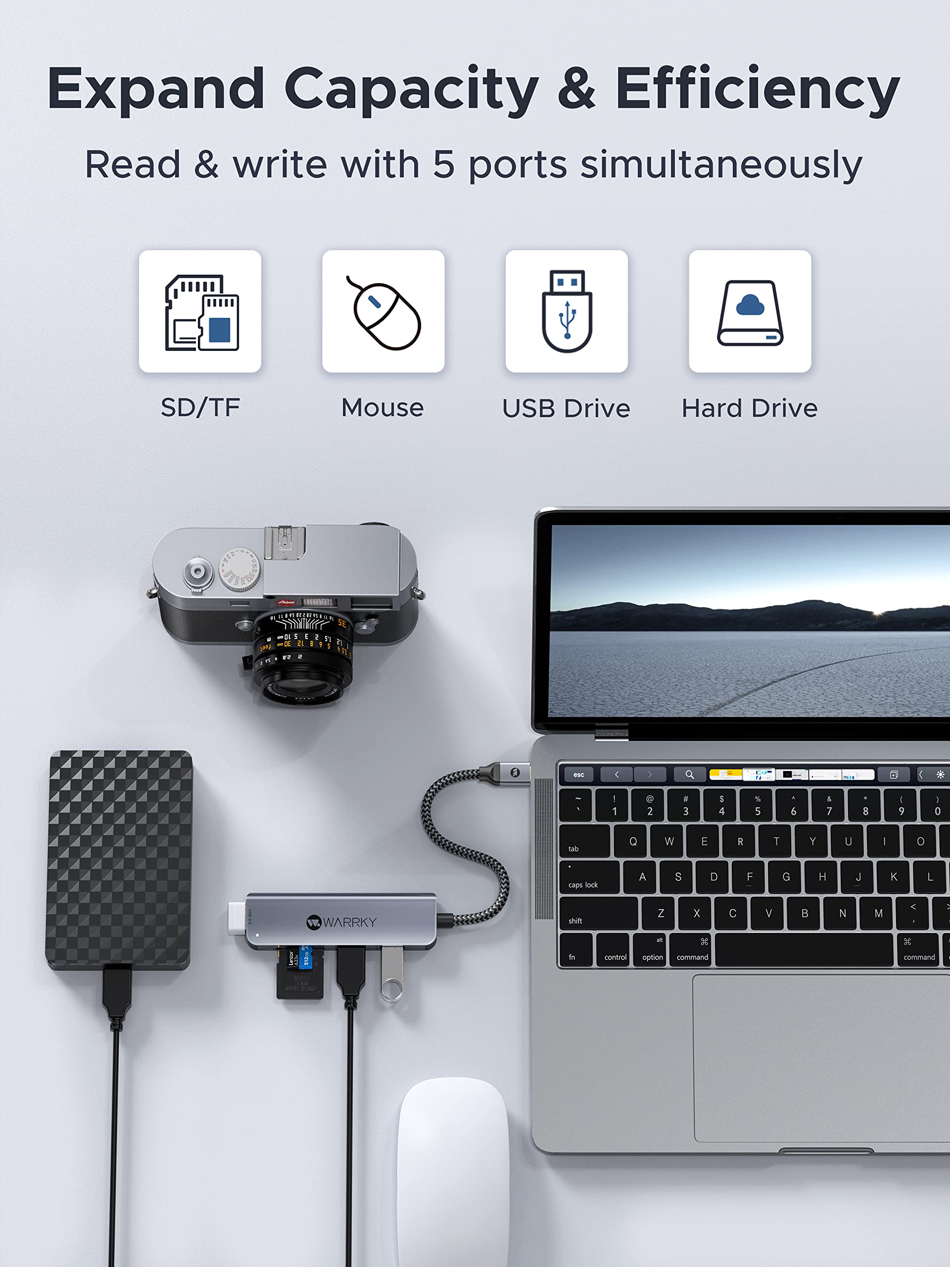 WARRKY USB C Hub, 5 in 1 SD/Micro SD Card Reader Adapter [Read 5 Ports Simultaneously, 3 Highspeed USB 3.0] 2TB Capacity OTG Compatible with iPhone 15 Pro, Samsung Galaxy, MacBook Pro/Air, iPad -Gray