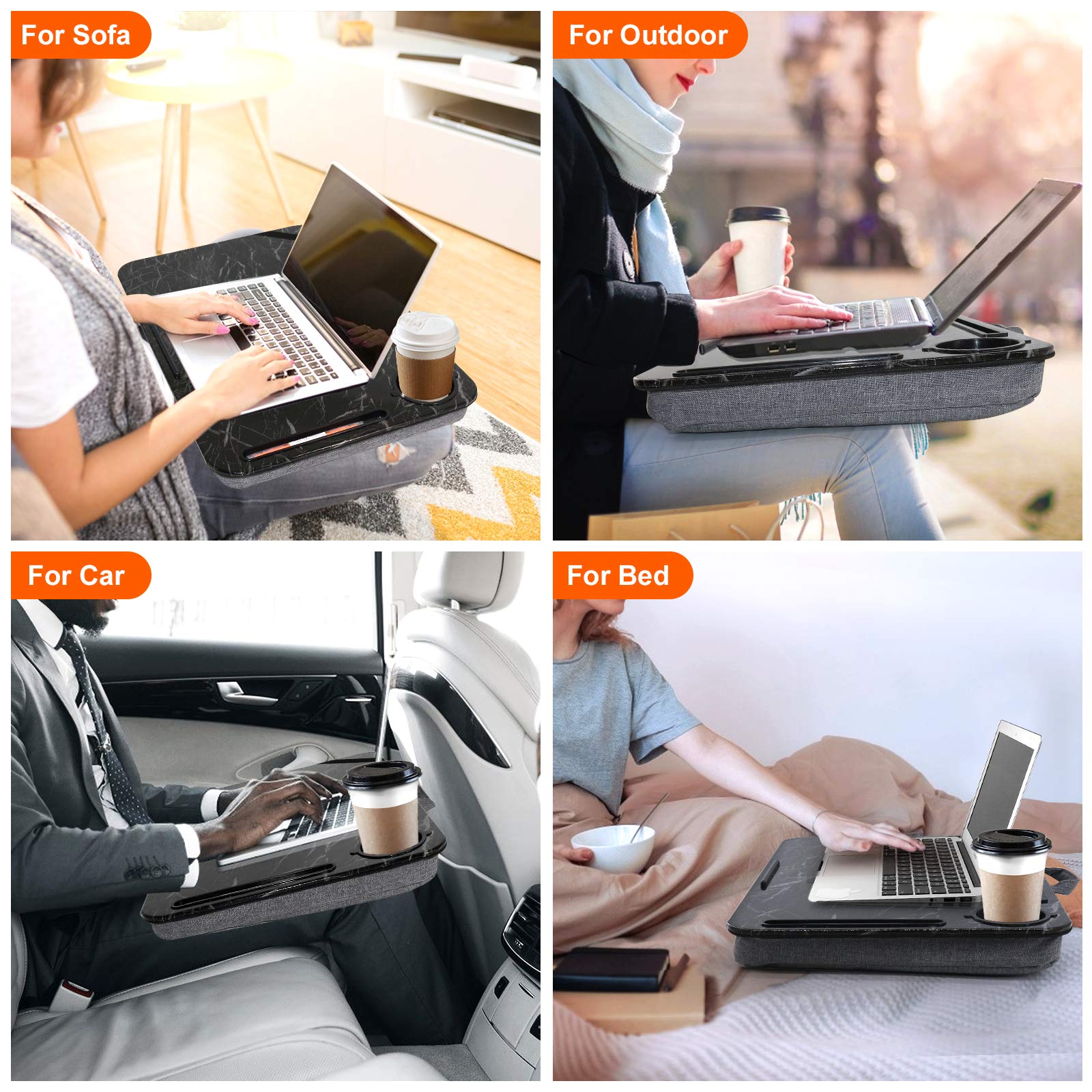 Pezin & Hulin Lap Desk Laptop Table for Home Office|Supports Laptops Up to 17 Inches, Wood Notebook & MacBook Stand with Cushion, Handle, Tablet, Phone, Pen, Cup Holder