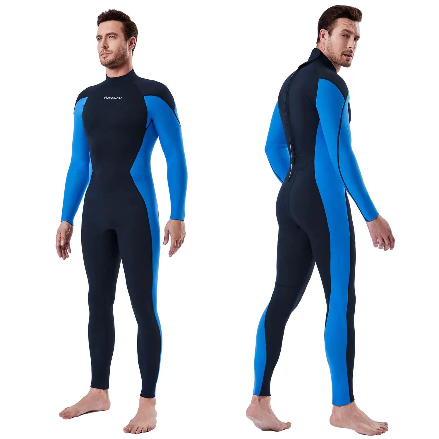 RAVANI Wetsuits for men,3mm wet suits for men in cold water in blue and black,mens wetsuit for diving, surfing, snorkeling and kayaking, Neoprene for keep warm