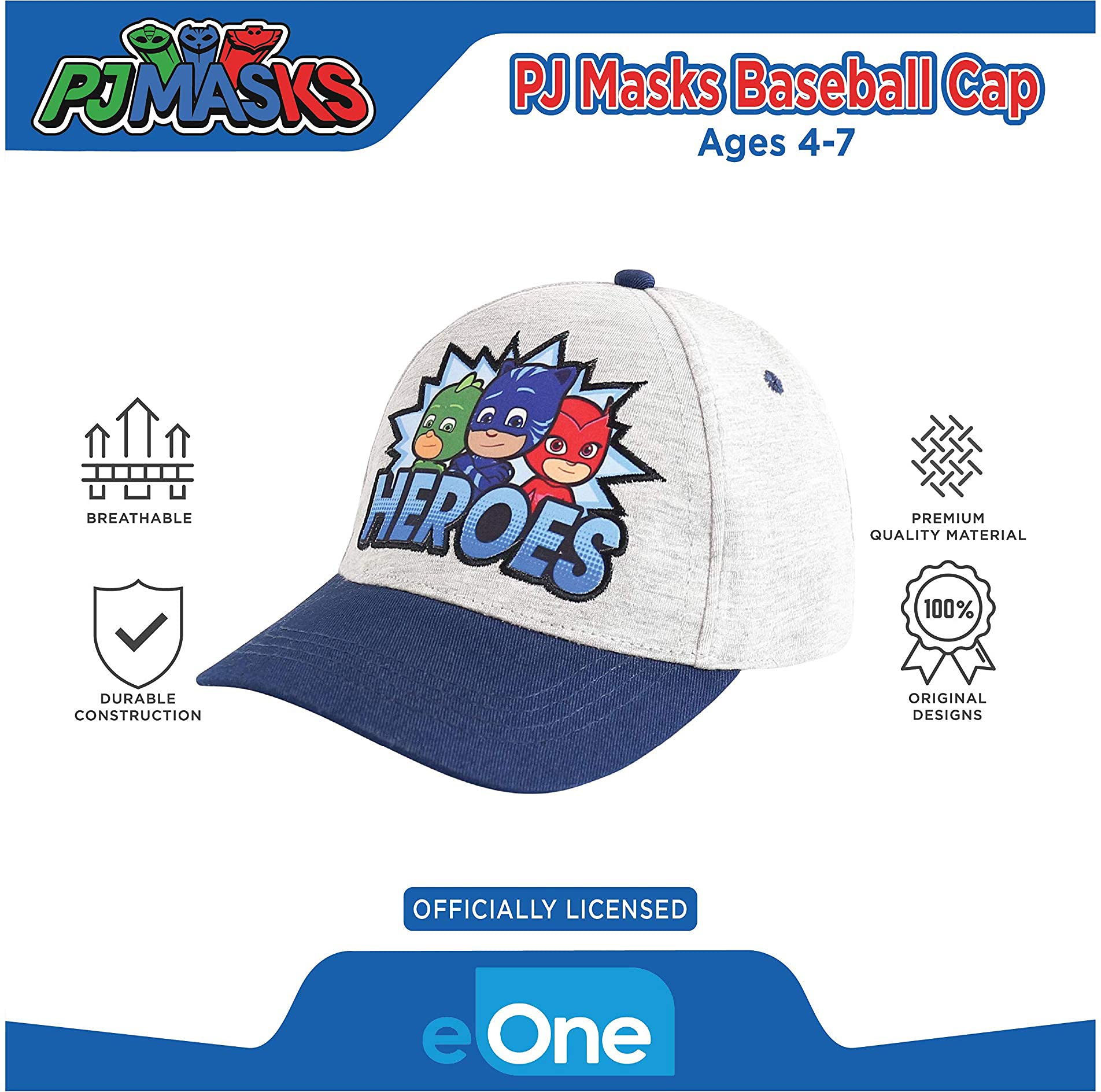 PJ Masks boys Toddler Hat for Boy’s Ages 2-7, Pj Masks Kids Baseball Cap, Gray, 4-7 Years US