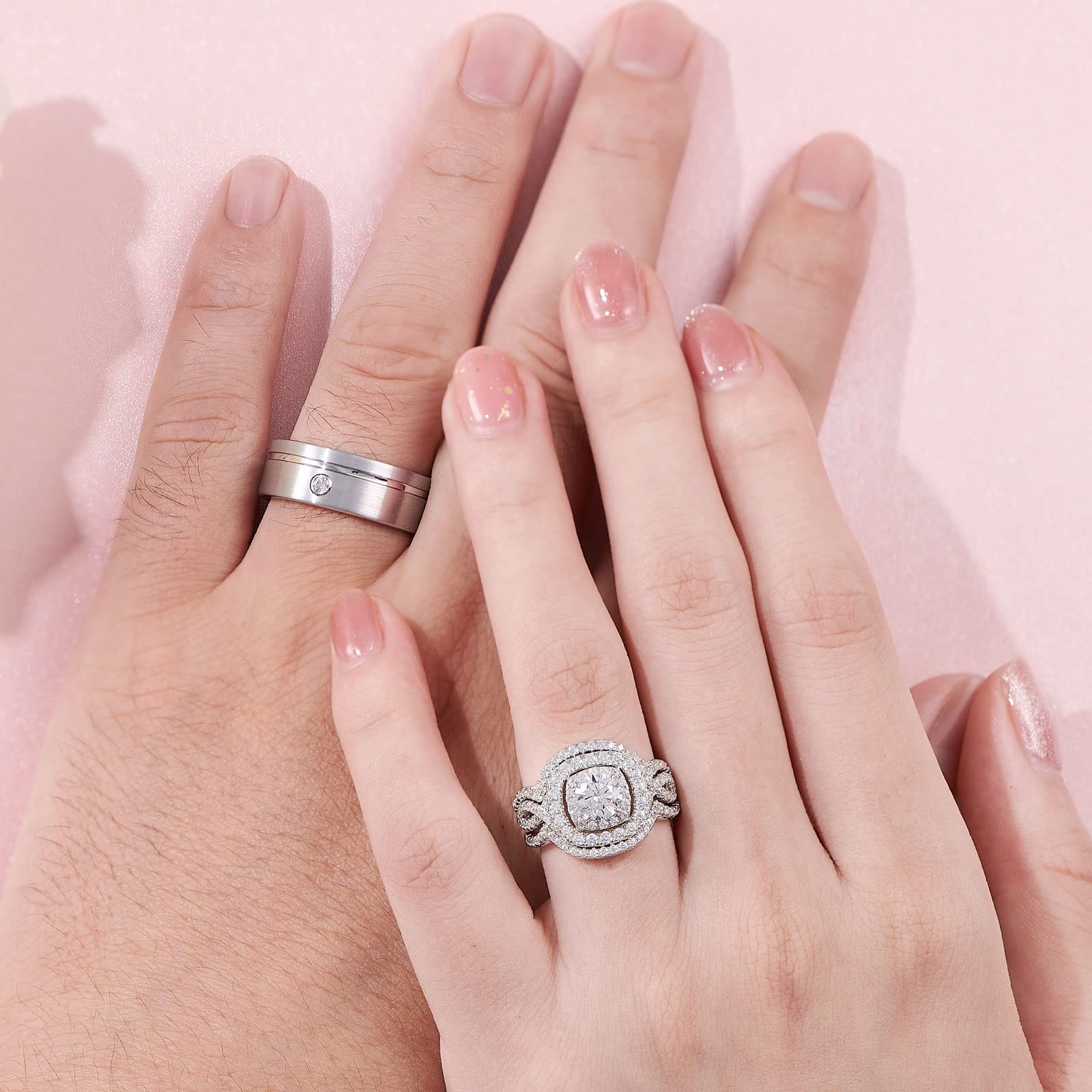 SHELOVES Engagement Wedding Ring Set for Women Double Halo Sterling Silver Round White AAAAA Cz Sz 4.5