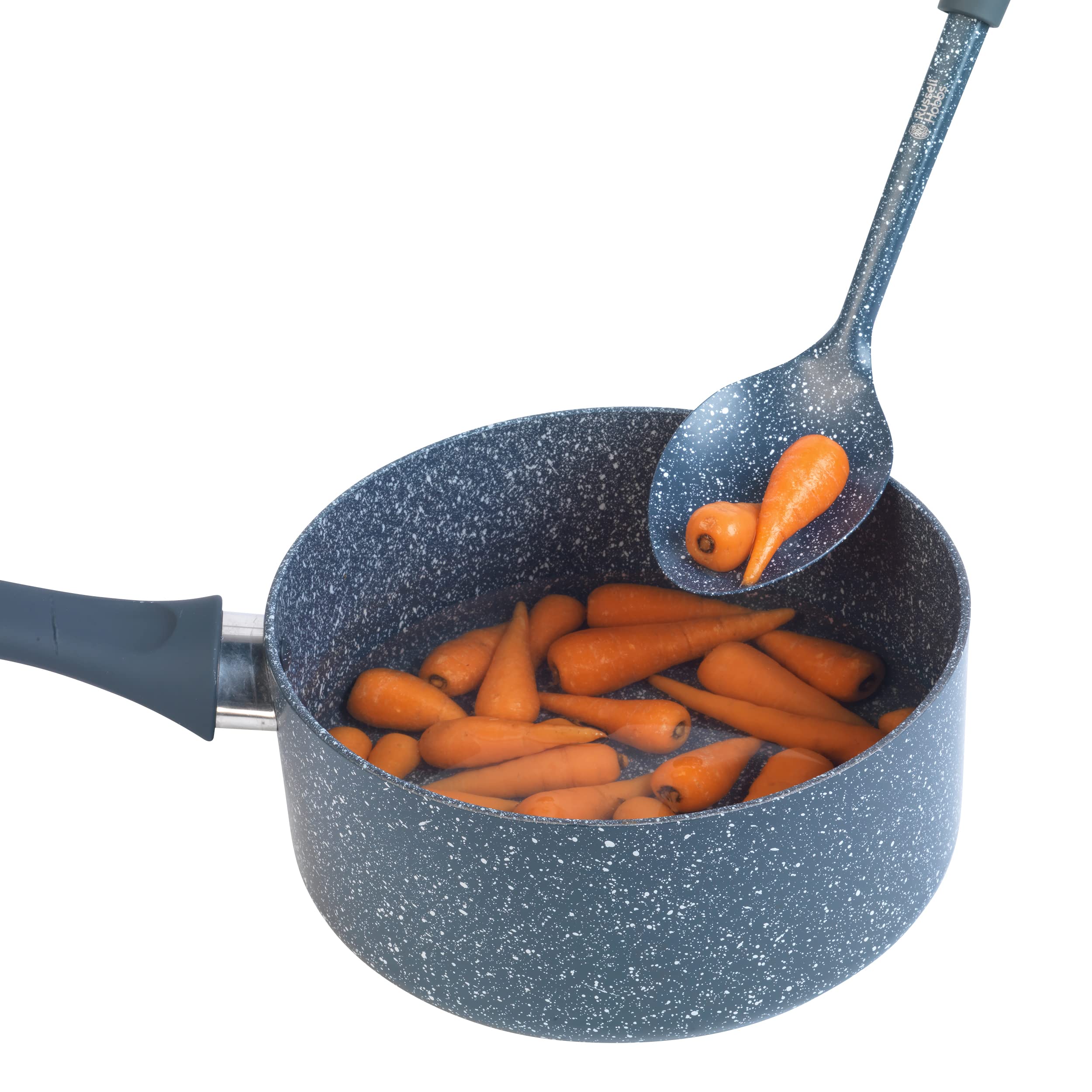 Russell Hobbs RH01401 5 Piece Kitchen Utensil Set, Stainless Steel, Non-Stick, Spatula, Spaghetti Server, Ladle, Slotted and Solid Spoon, Soft-Touch Handles, Nightfall Stone Collection, Blue Marble