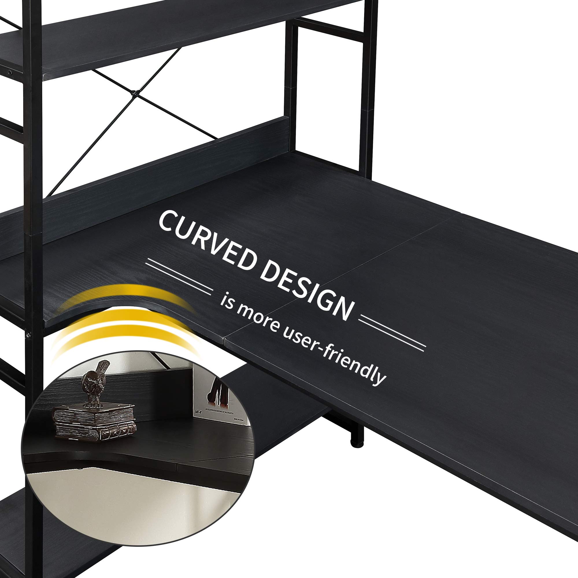 Modern Luxe Black(w/Shelf) L-Shaped Corner with Bookshelf 2-Pieces Computer PC Table Set Home Office Desk with Shelves