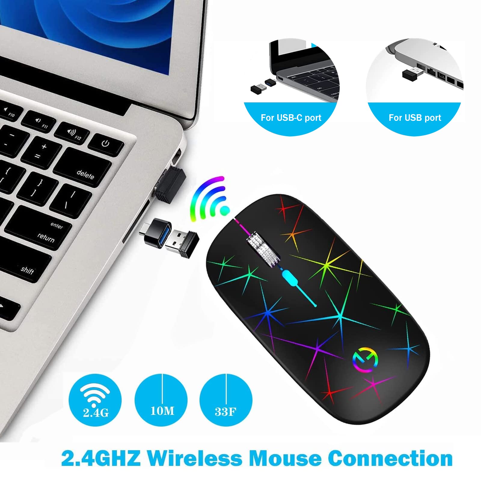 TaIYanG Wireless Mouse, 2.4G Portable Optical Quiet RGB Mouse with USB Receiver and Type C Adapter, 3 Adjustable DPI Levels, Wireless Computer Mouse for Laptop, Computer, PC, MacBook, Desktop