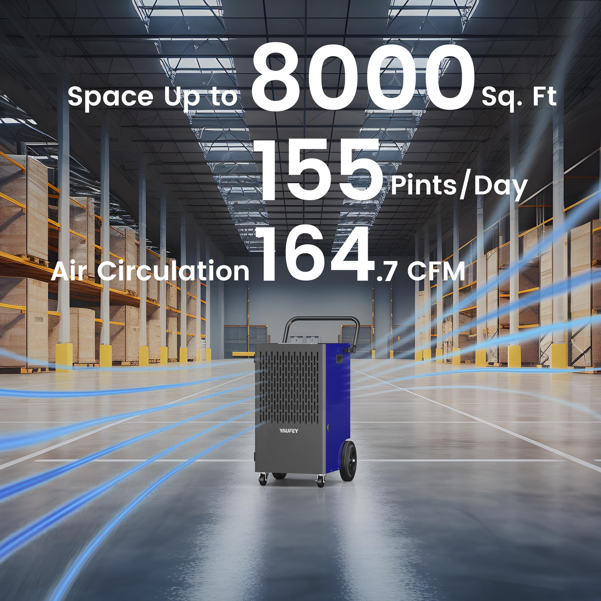 Yaufey 155 Pints Commercial Dehumidifier with Pump, for Basement up to 8000 Sq. Ft, Large Capacity Industrial Dehumidifier for Large Room with Intelligent Humidity Control