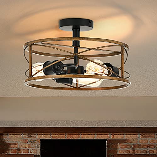 PUSU Ceiling Light Fixture,Industrial Semi Flush Mount Ceiling Light with Metal Wooden Cage and Matte Black Ceiling Lights for Living Room Kitchen Dining Room Bedroom Hallway