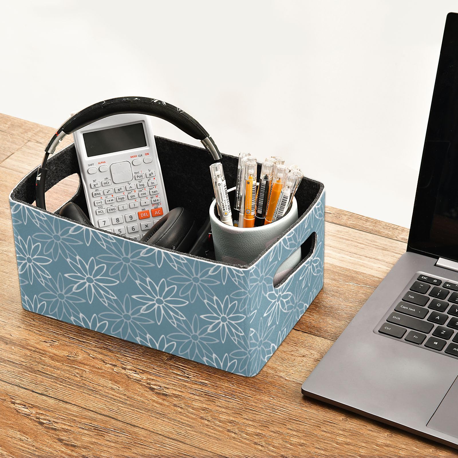 Pfrewn Eggshell Blue with Line Art Daisies Storage Bins Baskets for Organizing Fabric Foldable Storage Boxes Bag Collapsible Closet Shelf for Shelves Nursery Toys Office, 2 Pack